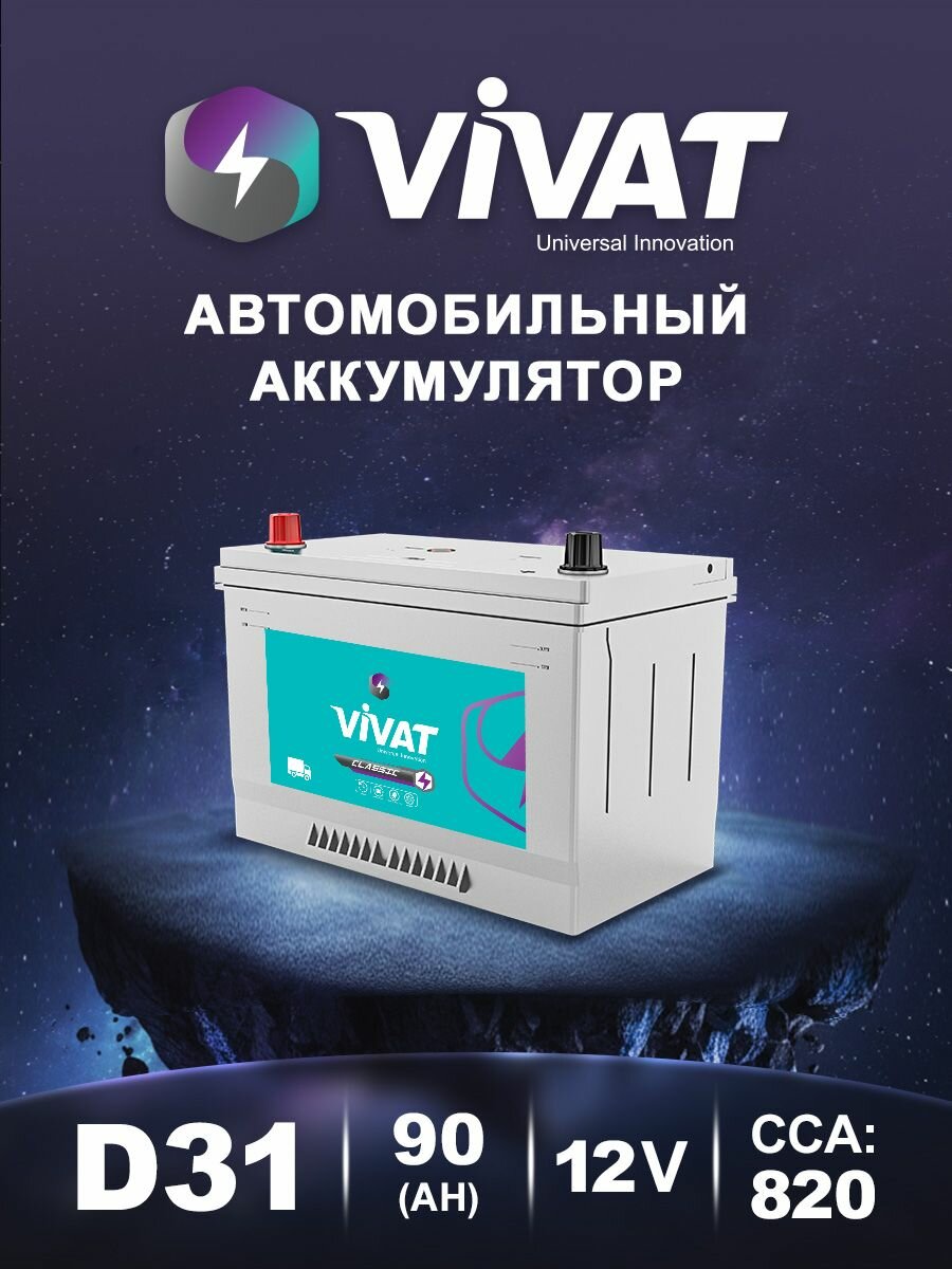 Аккумулятор автомобильный VIVAT B3 90Aч, обратная грузовая полярность, Ca/Ca