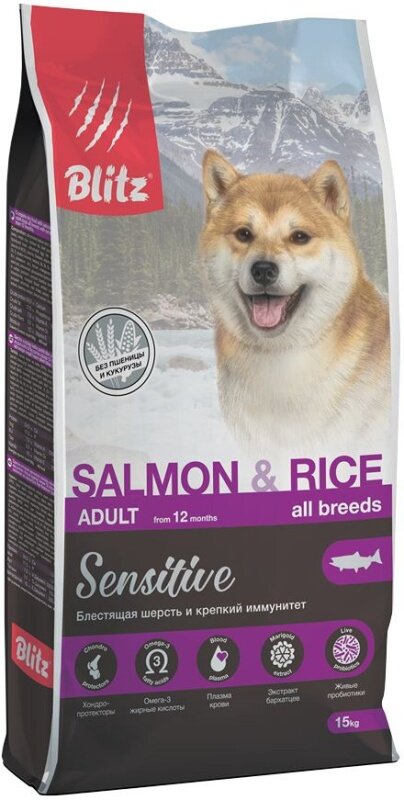 Сухой корм Blitz Adult SALMON & RICE Sensitive (лосось и рис) корм для взрослых собак всех пород,15 кг