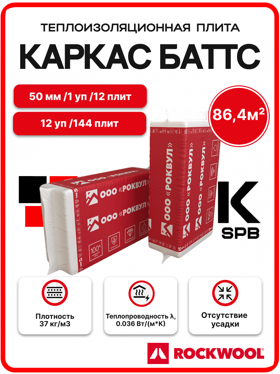 ROCKWOOL каркас баттс 50 мм (12 уп. / 86,4 м2 / 144 шт.) утеплитель роквул для стен, пола, потолка, крыши