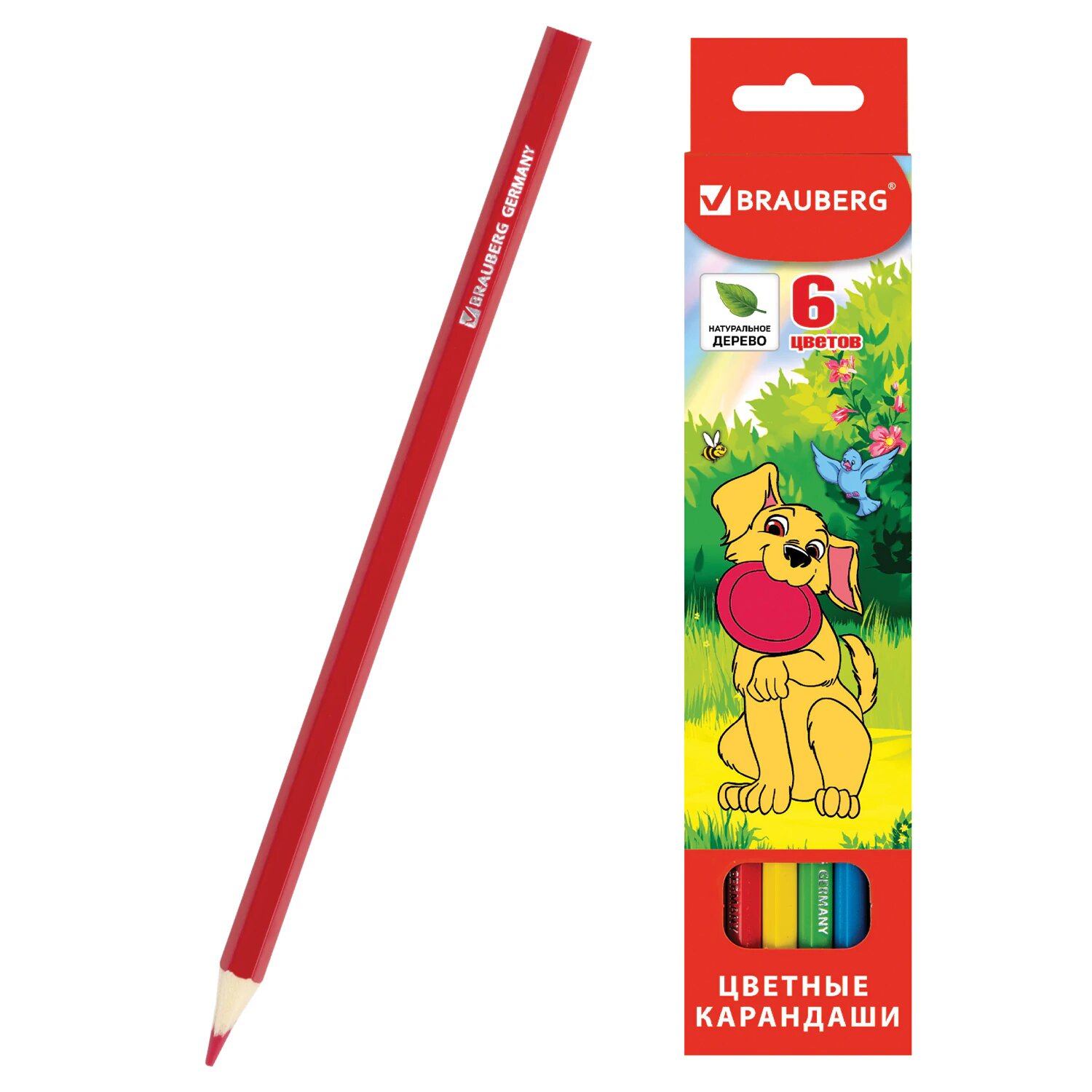 Карандаши цветные BRAUBERG "My lovely dogs", 6 цветов, шестигранные, грифель 3 мм, натуральное дерево, 180518 (цена только за 1 шт.)