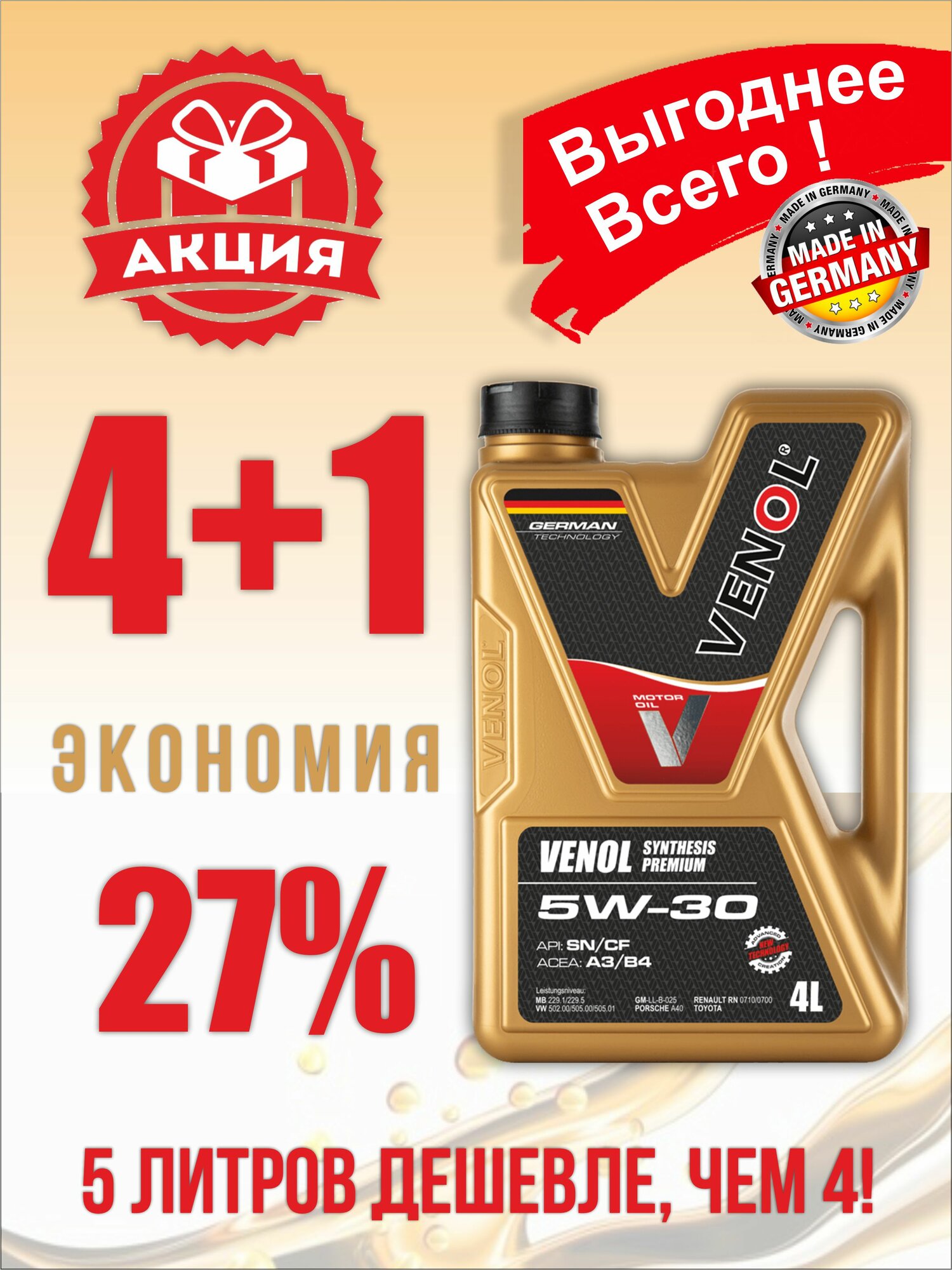 Моторное масло 5W30 SN/CF A3/B4 SYNTHESIS PREMIUM, 5л (4+1)