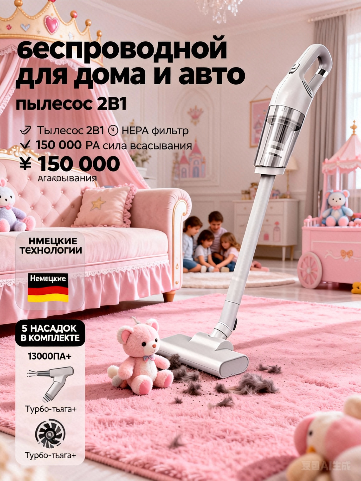 Пылесос, вертикальный, беспроводной, для дома, офиса, автомобиля, белый