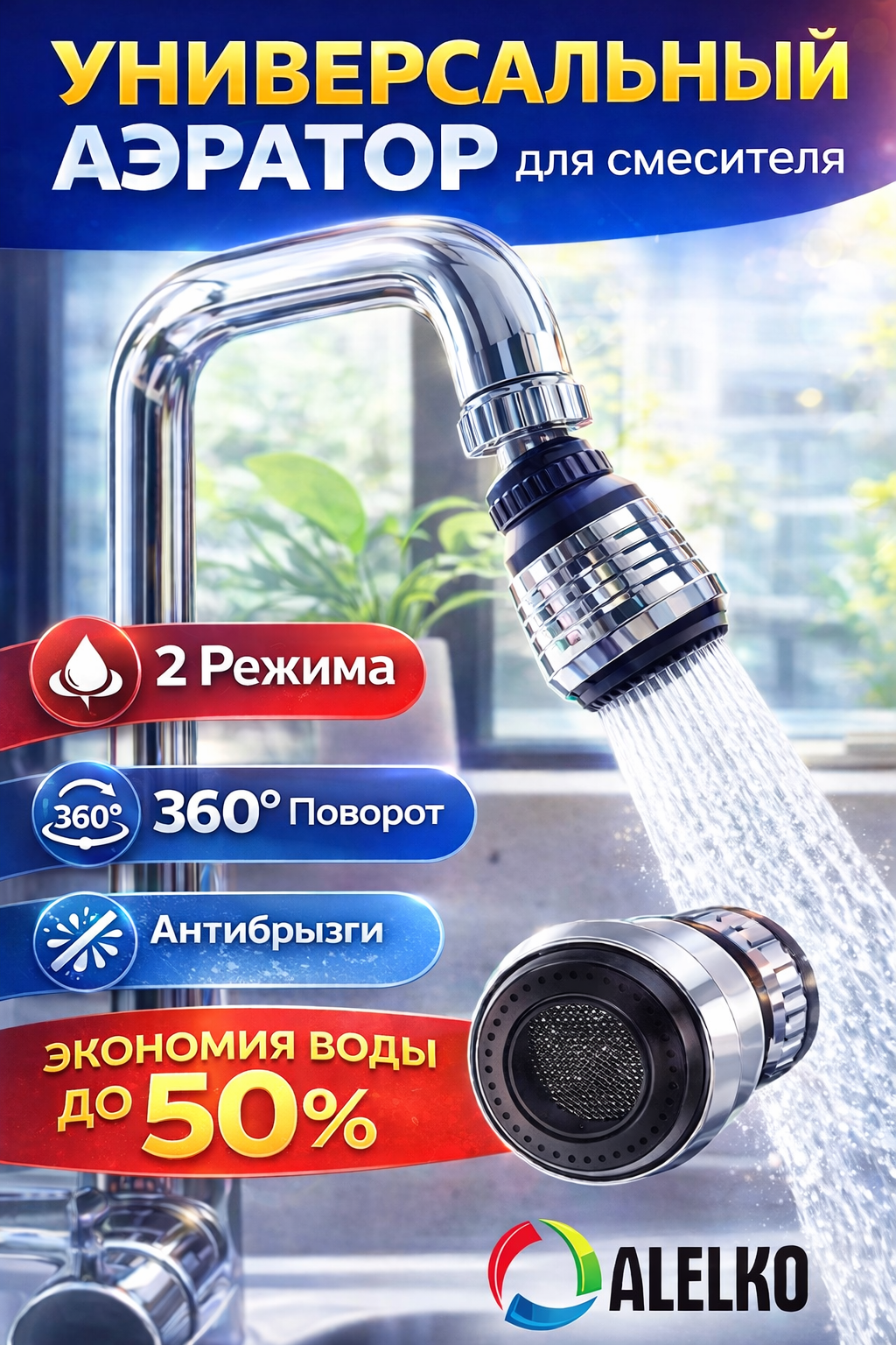 Насадка аэратор для смесителя на кран для кухни и ванной, хромированный универсальный