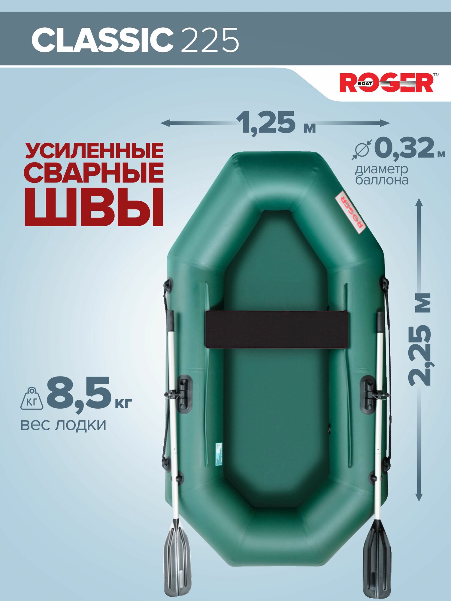 Лодка надувная для рыбалки ПВХ ROGER Classic-SL 225, гребная (зеленый)