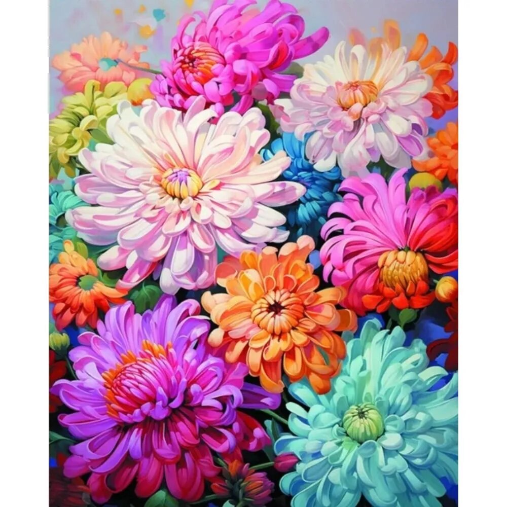 Алмазная Мозаика "Разноцветные Хризантемы. Цветы" 30х40 См Алмазная Вышивка / Картина Стразами Подарков / Украшения