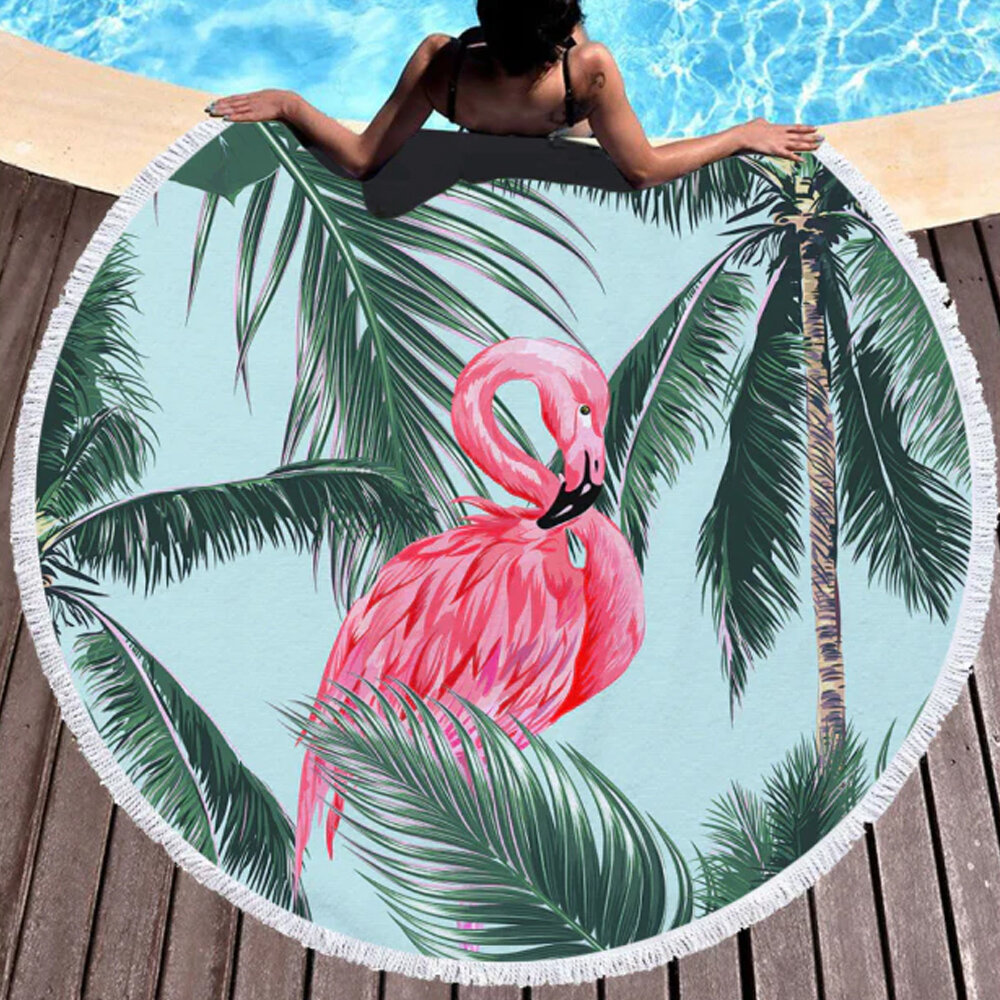 Круглый пляжный полотенце Oversized Blanket с принтом пальмовых листьев Tropical Style и фламинго Flamingo Print из микрофибры Large Round Towel Picnic Mat Super Water Absorbent Towel диаметр 59 дюймов (Flamingo - Style 1) 150*150см 520г для Dropshipping
