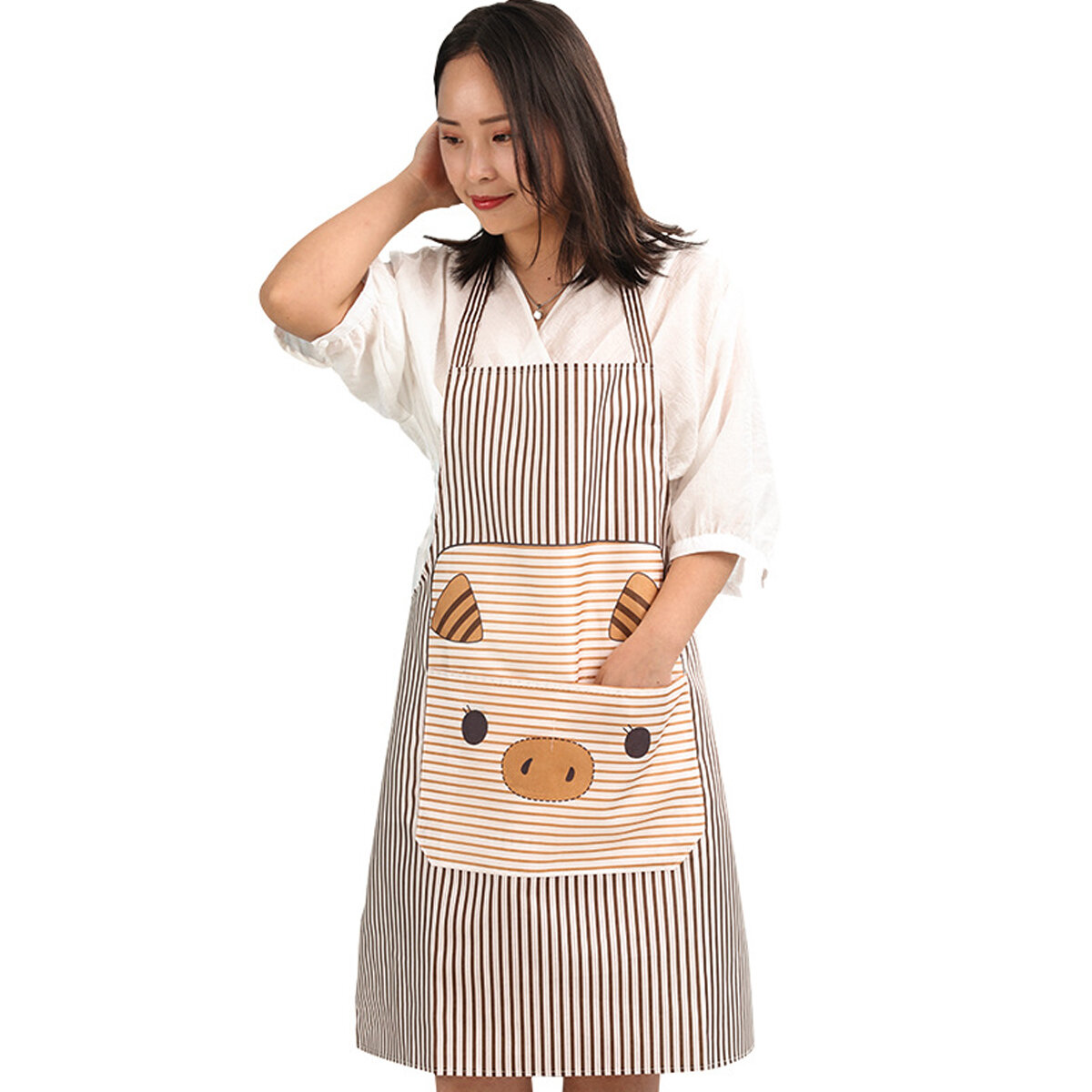 Безполовничный фартук с карманами, печатью нарисованного медведя и полосок, для кухни, готовки и выпечки, материал полиэстер, цвета кофе, синий, красный, розовый красный (по выбору), размер фартука (без ремней) 650*620мм, в упаковке 1 штука.