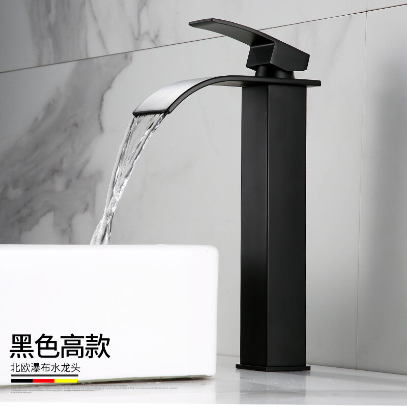 Кран для раковины с водопадом, черный, для ванной, с одним отверстием, горячая и холодная вода, скандинавский стиль