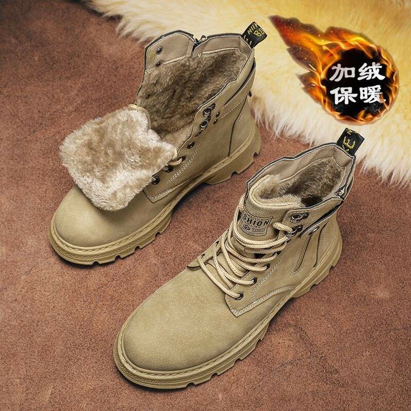 Зимняя рабочая обувь, ботинки Мартин, мужские высокие ботинки в британском стиле, желтые ботинки, уличные безопасные боевые тренировочные ботинки, обувь с флисовой подкладкой, теплые хлопковые туфли
