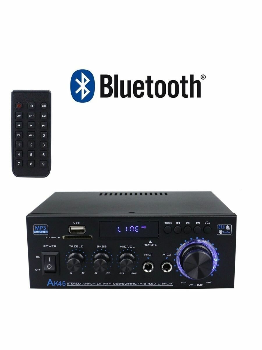 Цифровой усилитель AK-45 Bluetooth, USB, FM-радио, 40Вт 2, Hi-Fi звук, пульт ДУ, регулировка НЧ/ВЧ (12-24В, 4-16 Ом)