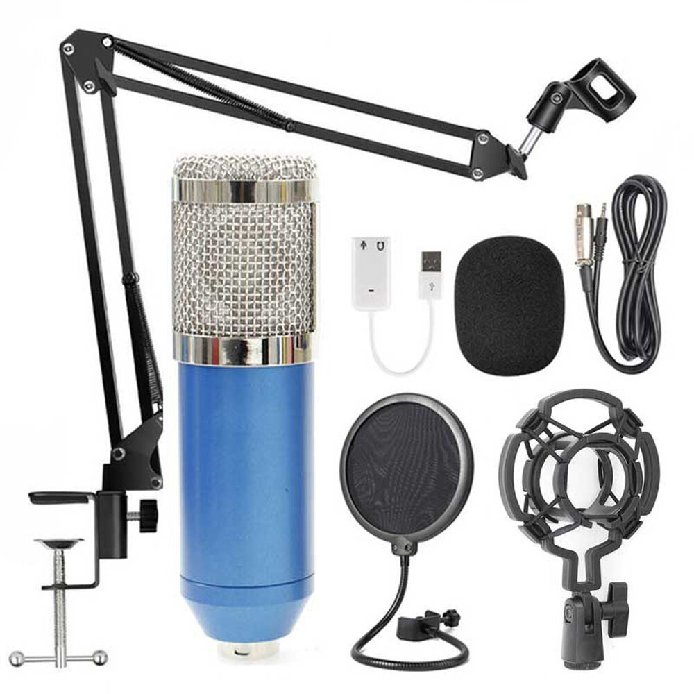 BM800 Professional Suspension Microphone Kit Live Broadcasting Recording Condenser Microphone Set со цветом silver+black, gold, black, silver+blue, gold+black, материалом микрофона Steel + Zinc Alloy, материалом амортизатора Plastics, направленностью