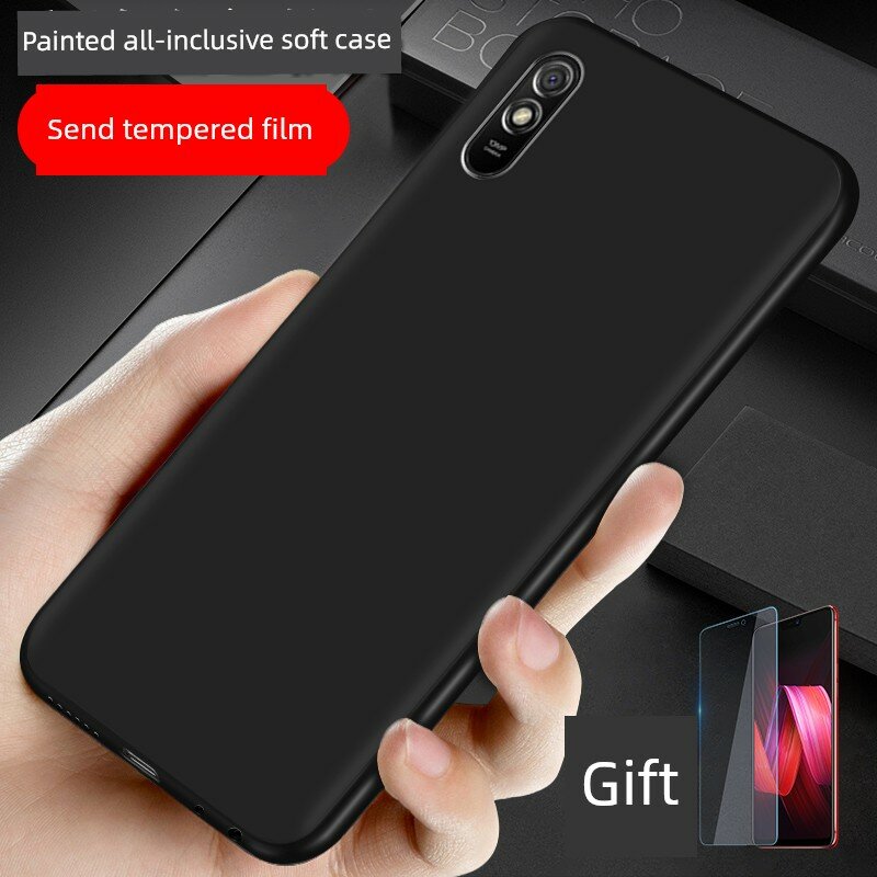 Мягкий черный чехол для Redmi 9A с защитной пленкой, ударопрочный, тонкий