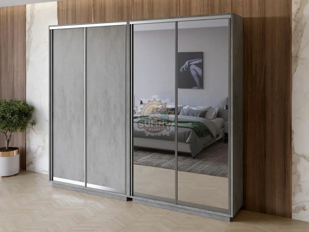 Шкаф купе Вилли 4-х дверный ЛДСП (2+2) с зеркалом, профиль серебро 240 см х 240 см х 45 см (Бетон)