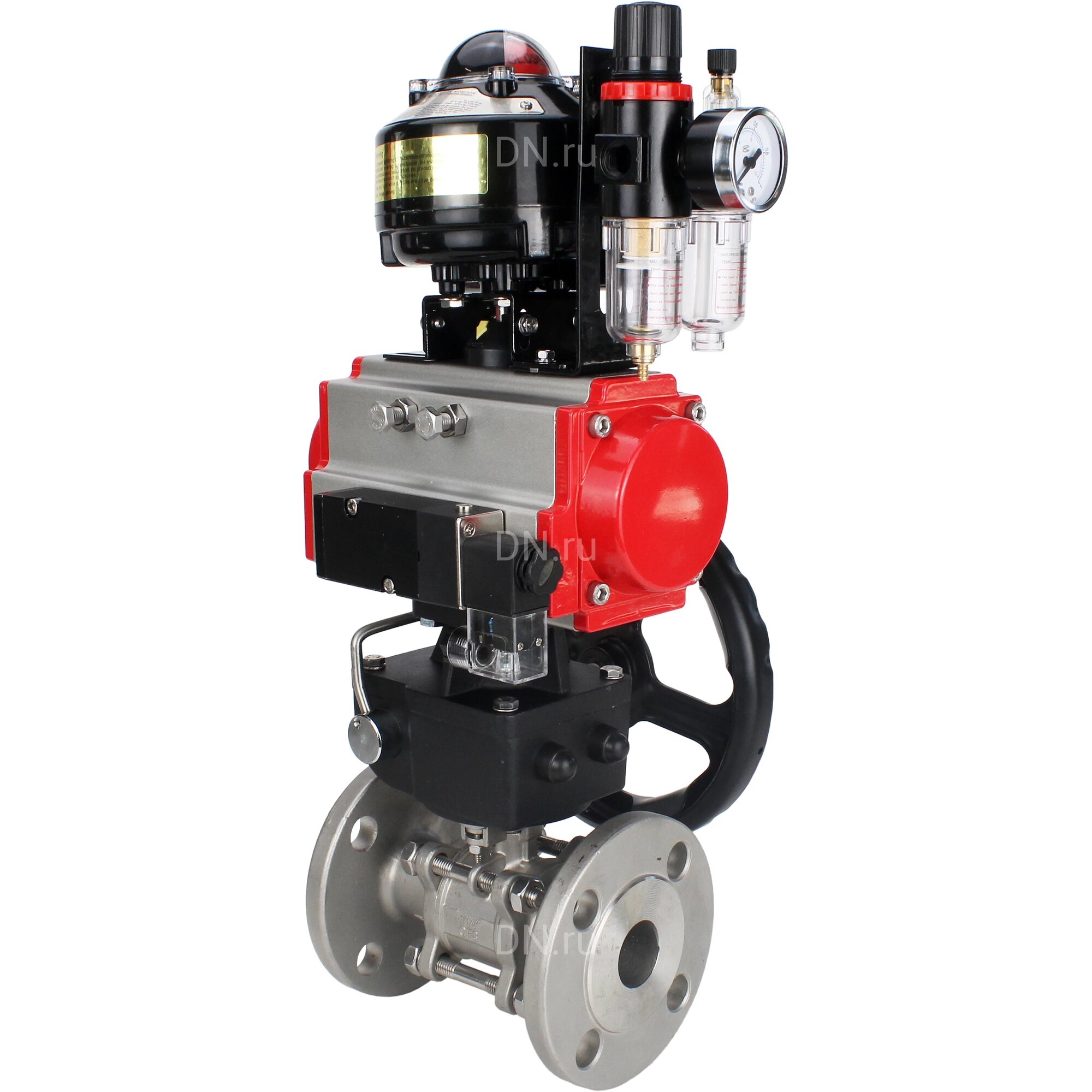 Кран шаровой DN.ru кшфпт 304.180 Ду65 Ру25 фланцевый, полнопроходной, 3-составной, корпус - нерж. сталь SS304, с пн. приводом DA-105, пн. распределителем PND2-S1EM-52-1NC-J08-220VAC, редуктором HDM-3, БПВ APU1-10-40-V08, БКВ LSB-510-02ExM12-250