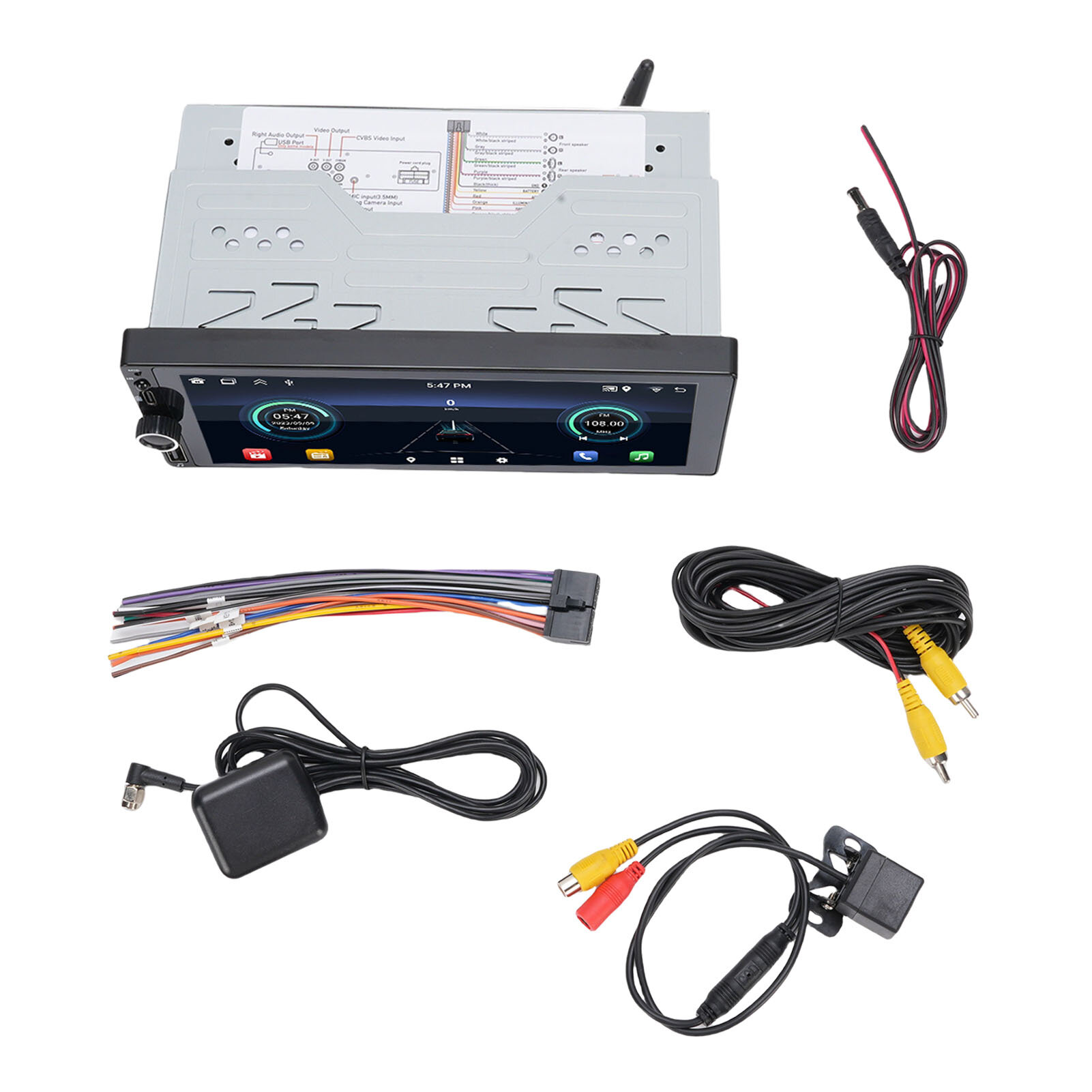 Однодиновая автомобильная магнитола с 6,86-дюймовым сенсорным экраном, проводным и беспроводным подключением, зеркальным отображением экрана, камерой заднего вида 1080p, GPS-навигацией, Bluetooth, Wi-Fi, радио, 1+32 ГБ памяти.