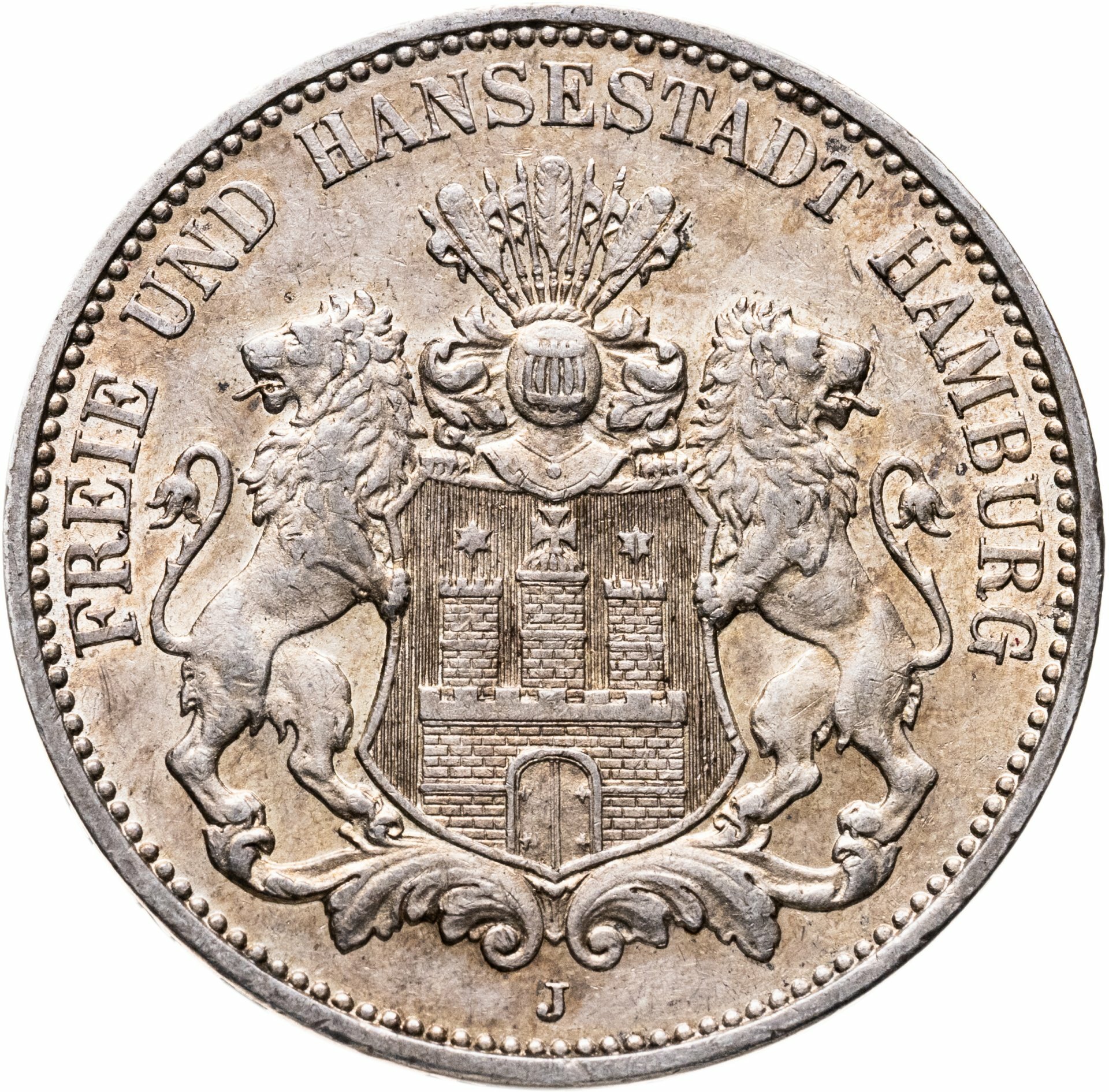 Германская империя, Гамбург 3 марки mark 1913 J, Серебро 900, в сохранности XF