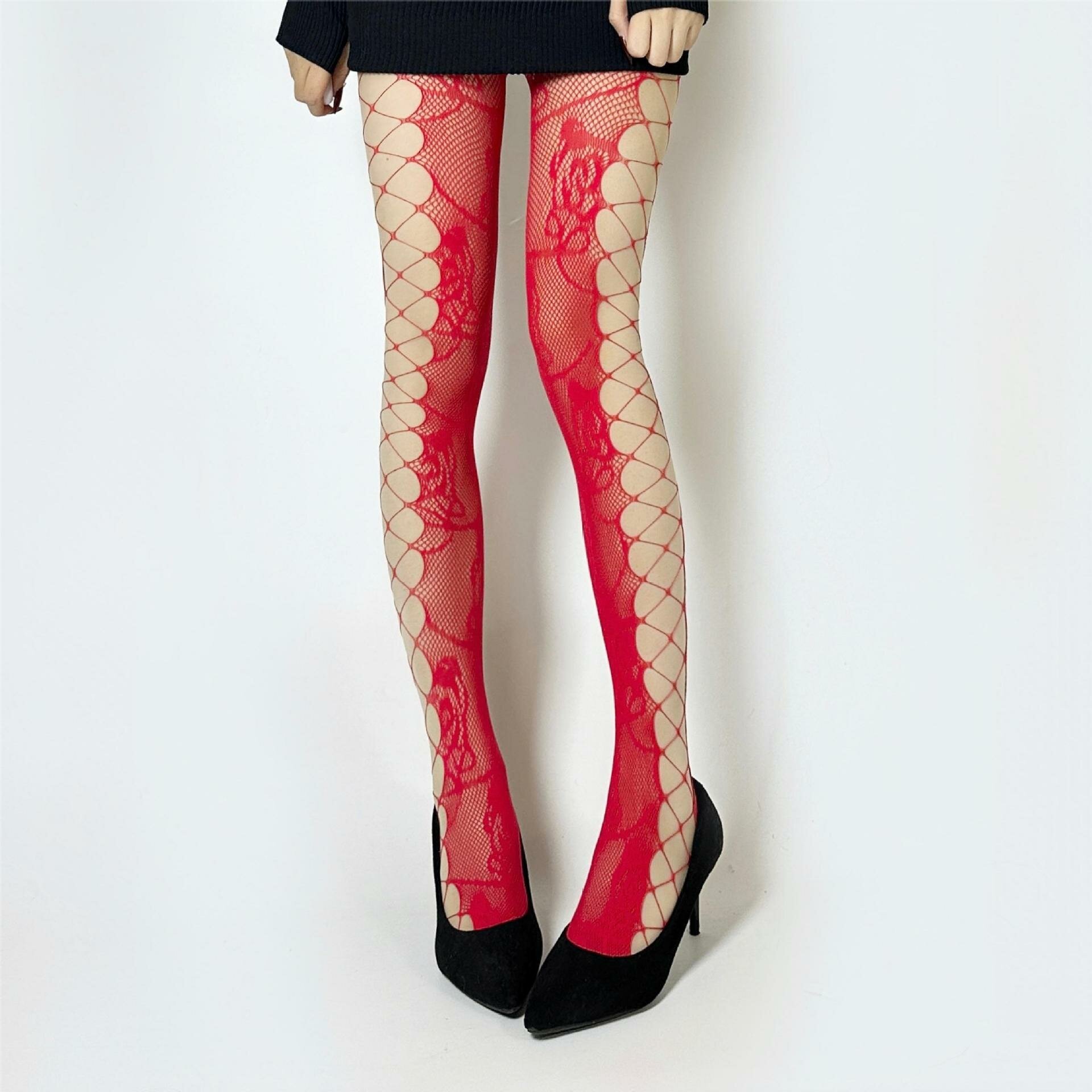 Бордовые рваные тонкие универсальные европейские и американские INS панк колготки с розовым жаккардом Y2K для горячих девушек, сексуальные сетчатые чулки
