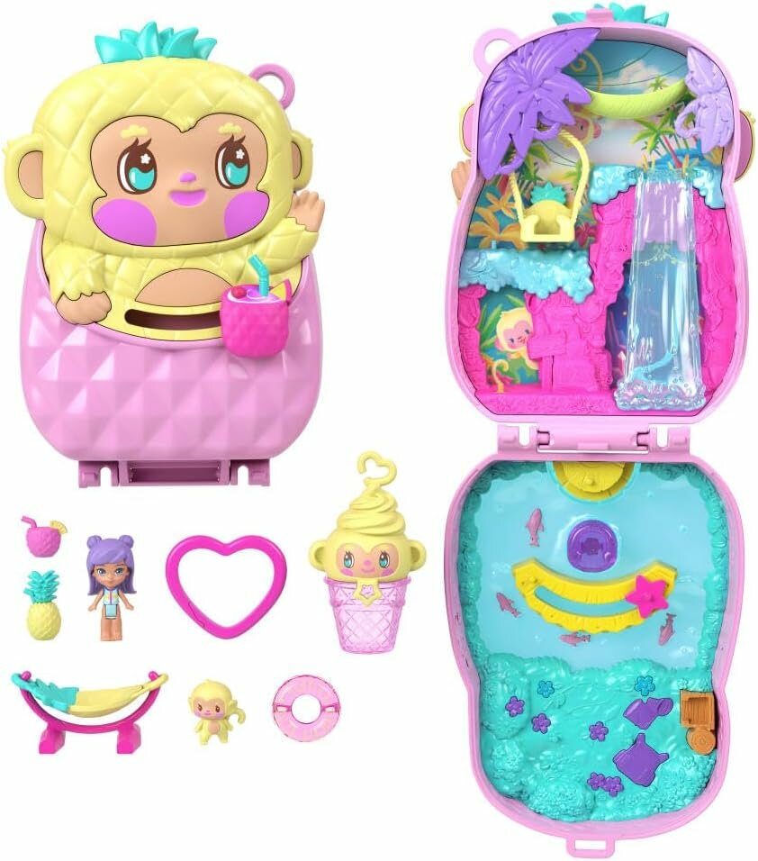 Фигурки Mattel Polly Pocket - Компактный набор Обезьянка-ананас + аксессуары и микрокукла - Полли Покет JKC49