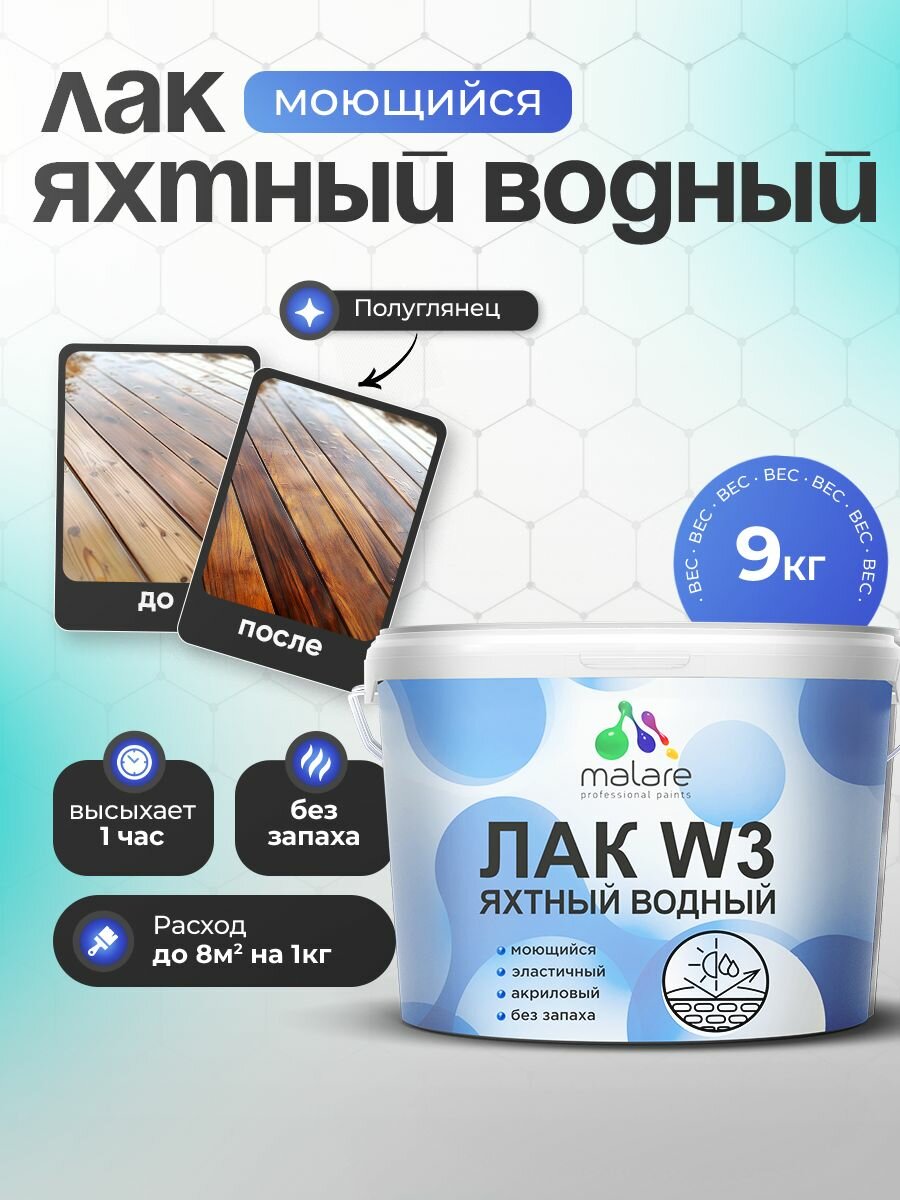 Яхтный лак Malare Professional для деревянных и минеральных поверхностей, водный без запаха быстросохнущий, прозрачный, глянцевый, 9 кг.