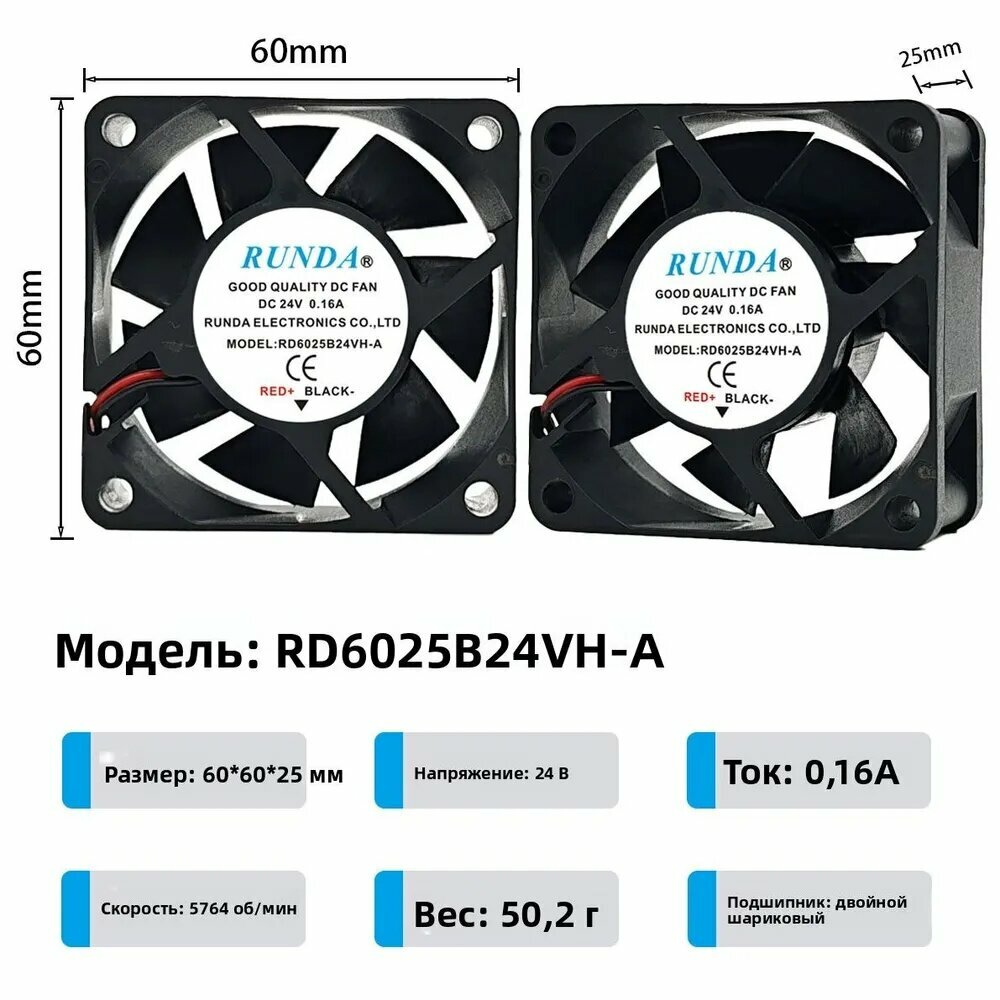 Вентилятор Охлаждения RUNDA RD6025B24M-A 24V 0.11A 60*60*25MM Для Преобразователей Частоты Или Сварочных Машин.