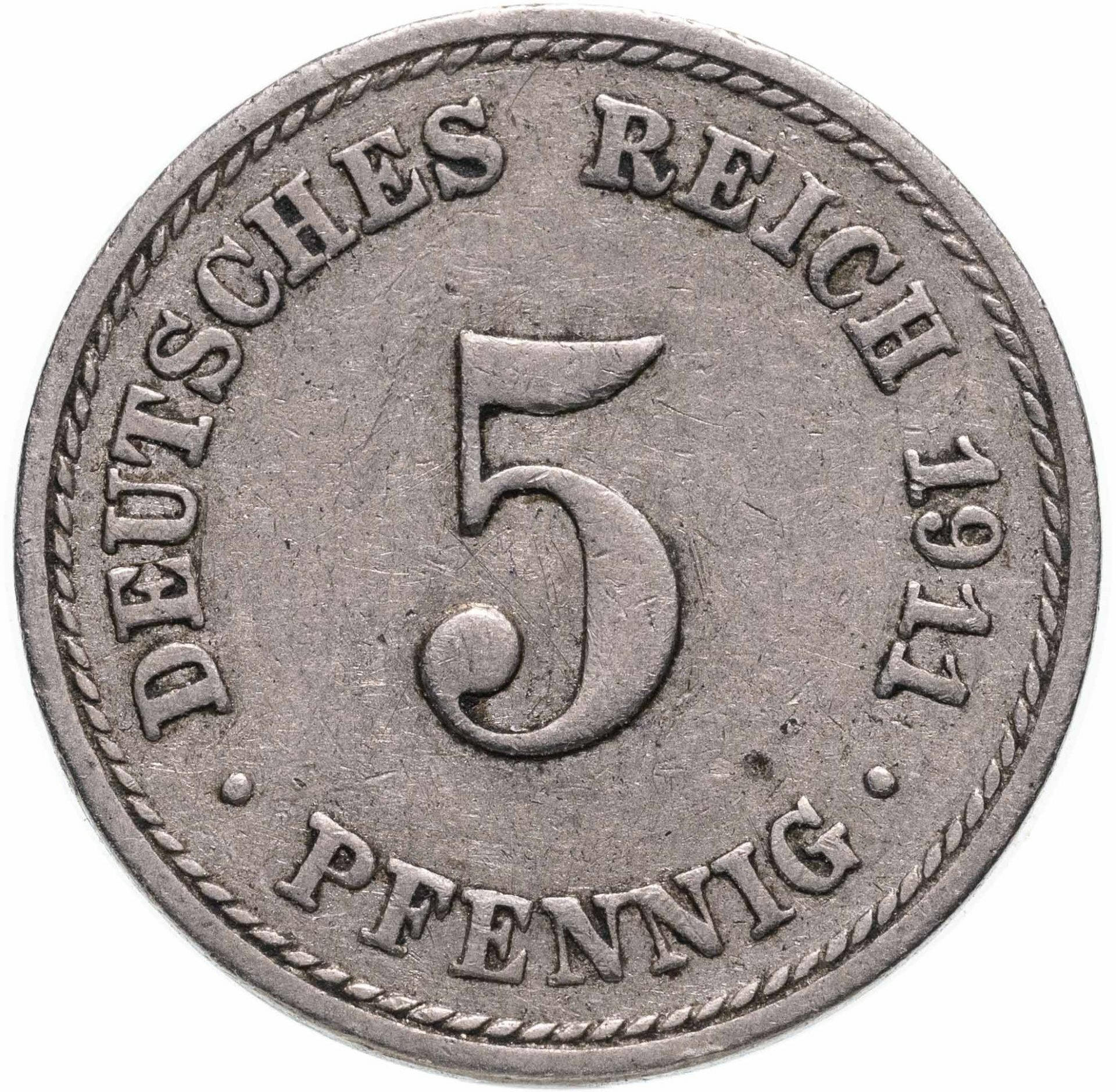 Германия 5 пфеннигов pfennig 1911, знак монетного двора: "A" - Берлин, Мельхиор медь-никель, в сохранности XF