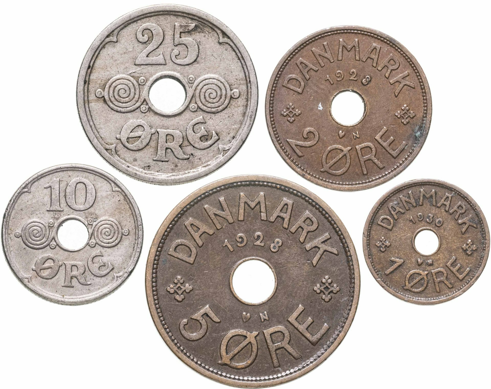 Дания, набор из 5 монет 1924-1938, Бронза, Мельхиор, в сохранности VF-XF