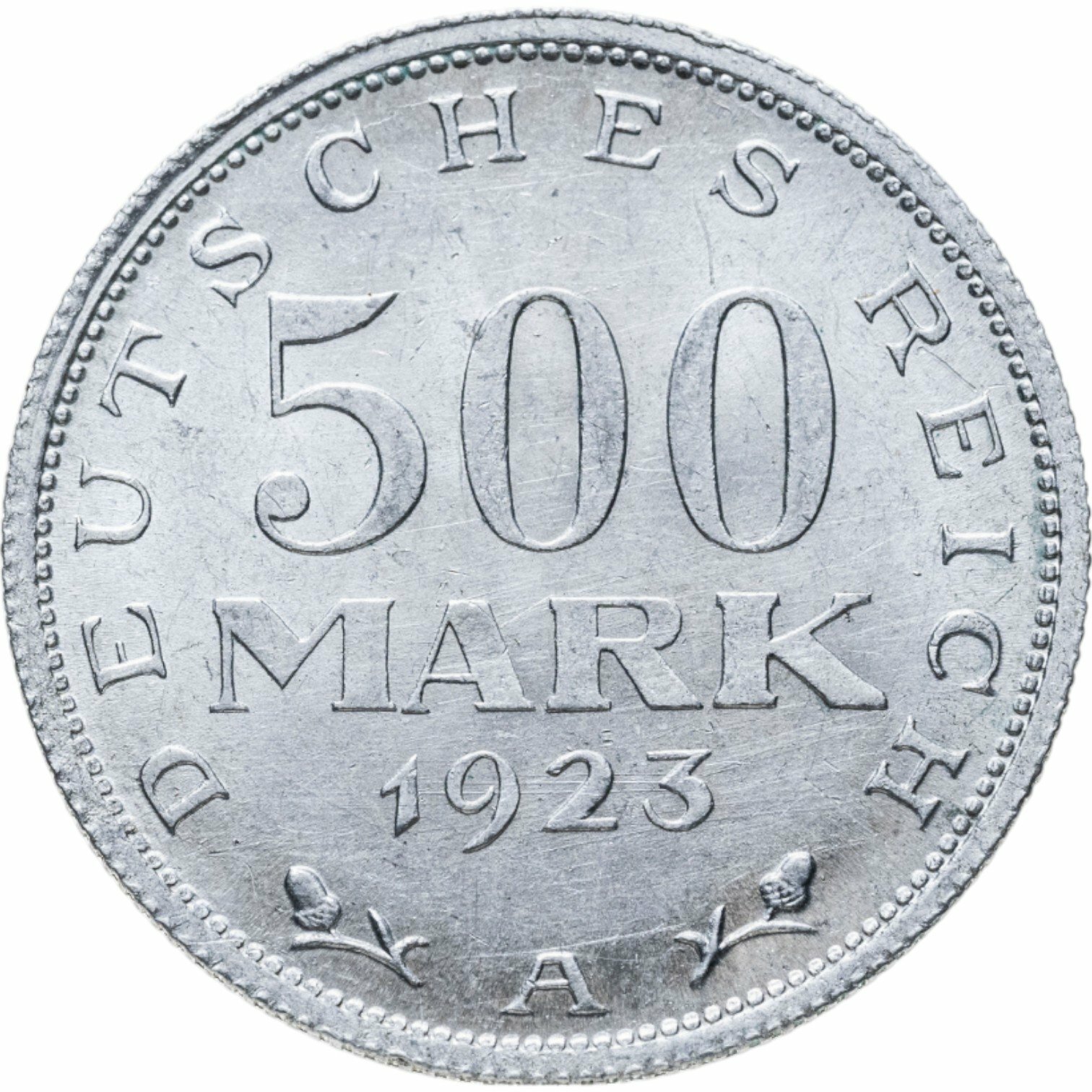 Германия 500 марок mark 1923, знак монетного двора "A" — Берлин, Алюминий, в сохранности UNC