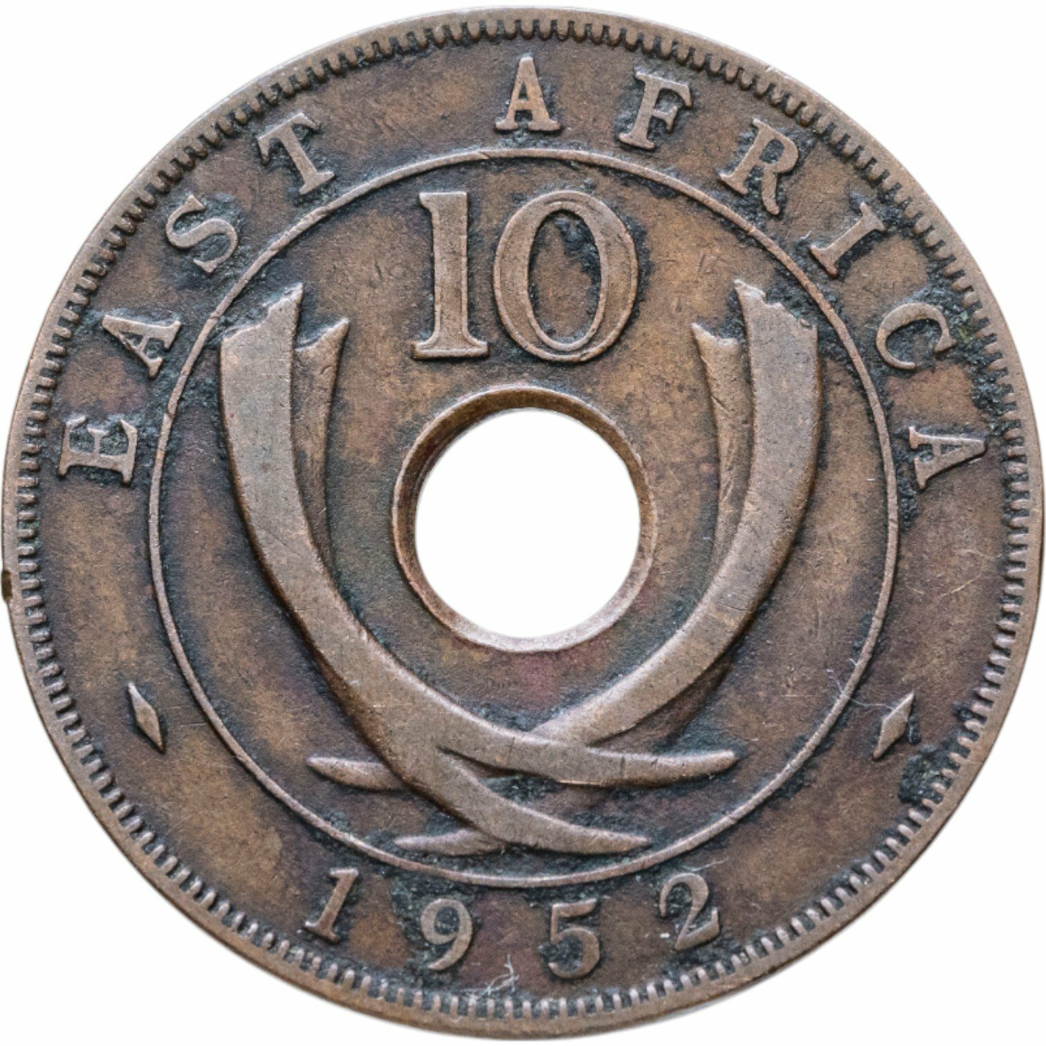 Британская Восточная Африка 10 центов cents 1952, Бронза, в сохранности VF