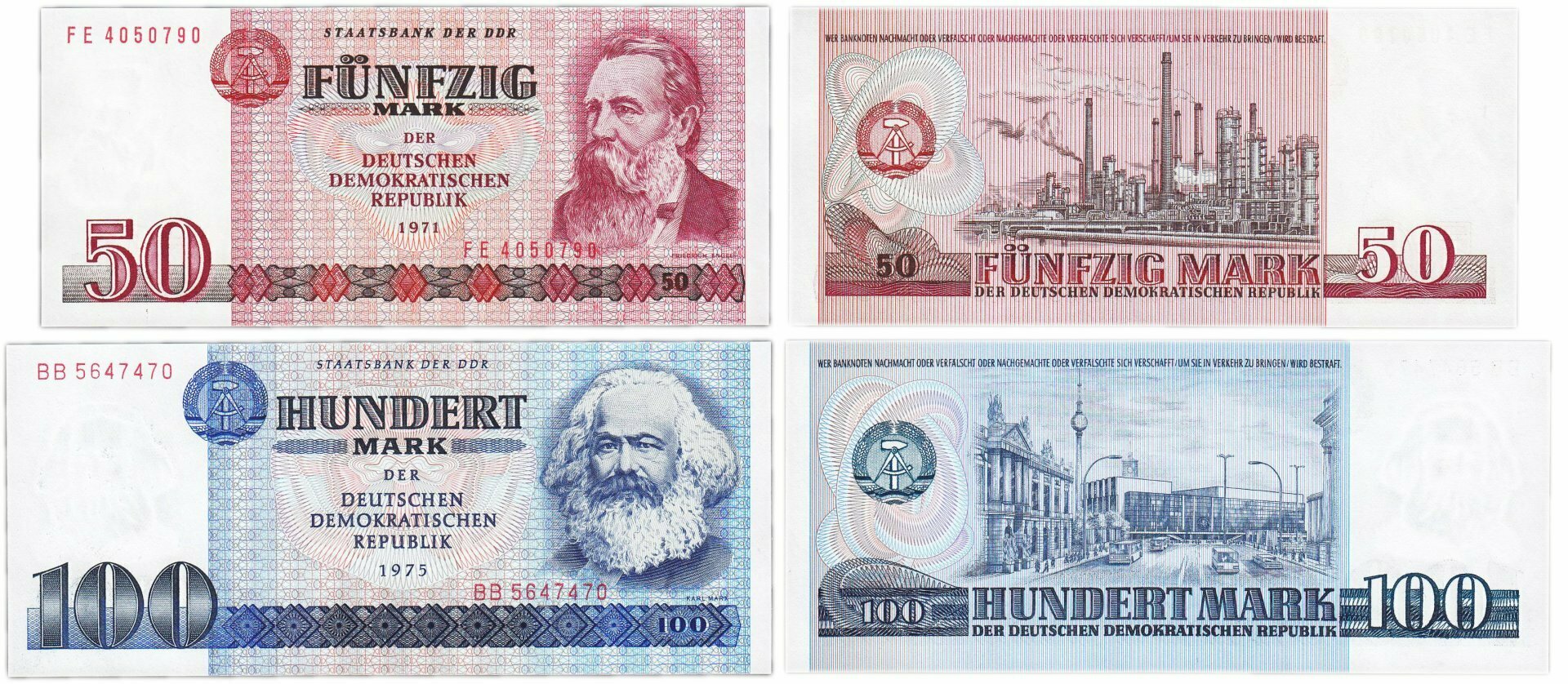 Набор Германия ГДР 50 и 100 марок 1971-1975 Pick 30a, 31а Карл Маркс и Фридрих Энгельс