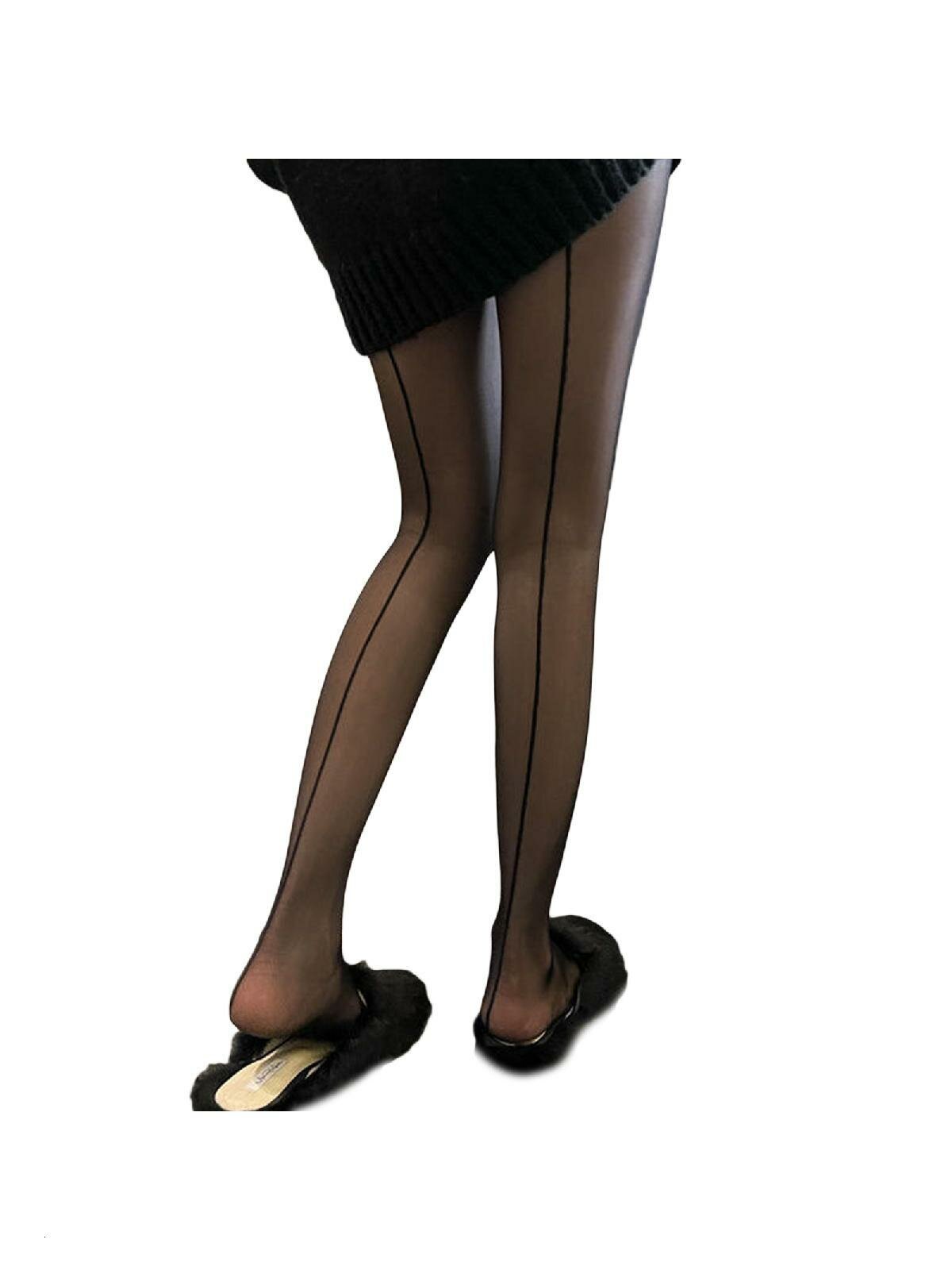 Женские прозрачные колготки с вертикальной полосой, Черный