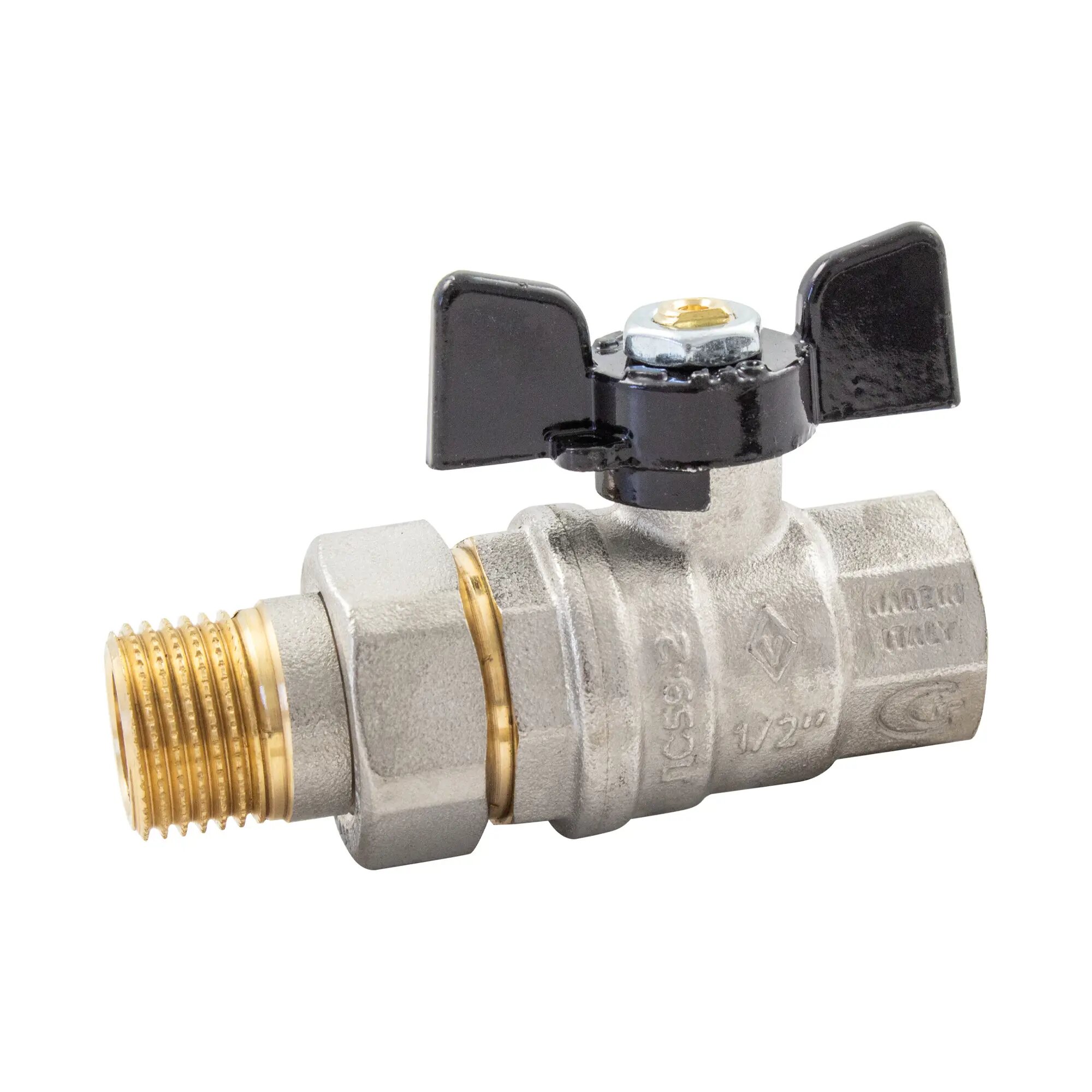 Кран шаровой с американкой прямой Bugatti Oregon DN20 PN40 3/4 НР/ВР латунь ручка бабочка