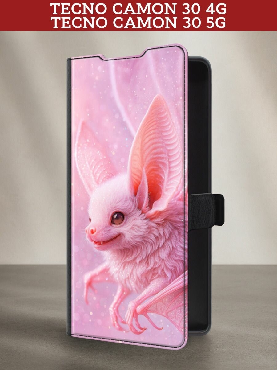 Чехол-книжка на Tecno Camon 30 4G/Tecno Camon 30 5G / Текно Камон 30 4G с принтом Розовая летучая мышь, черный