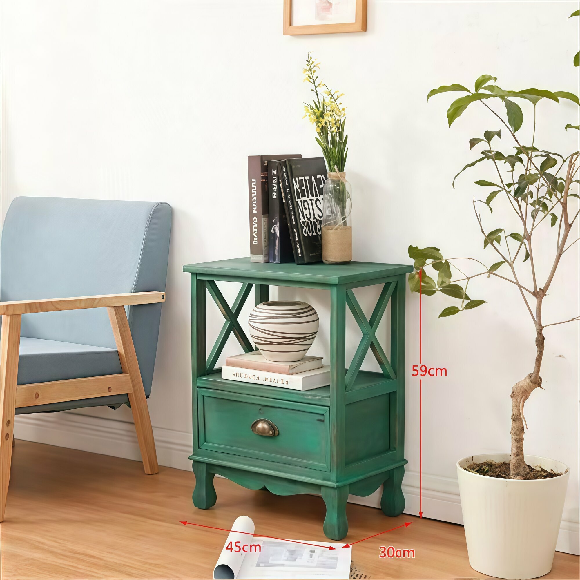 Тумба прикроватная, дерево, 45х30х59см, с ящиками, темно-бордовая