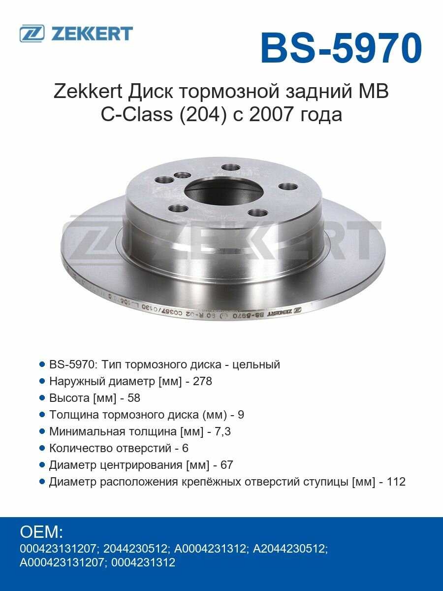 Zekkert Диск тормозной задний MB C-Class (204) с 2007 года