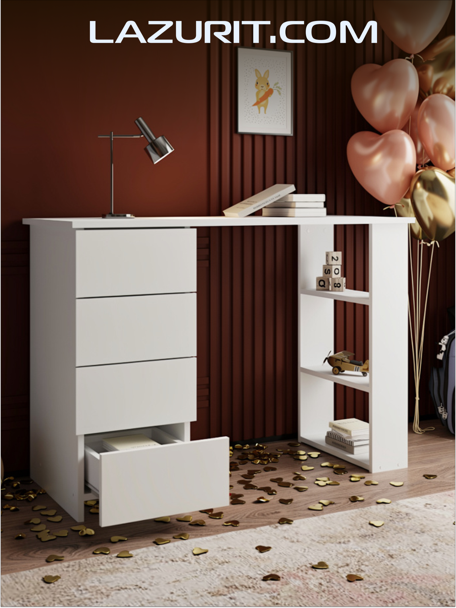 Стол письменный для школьника Lazurit Эльбрус компьютерный белый универсальный с ящиками и полками игровой 105,6х45х75см