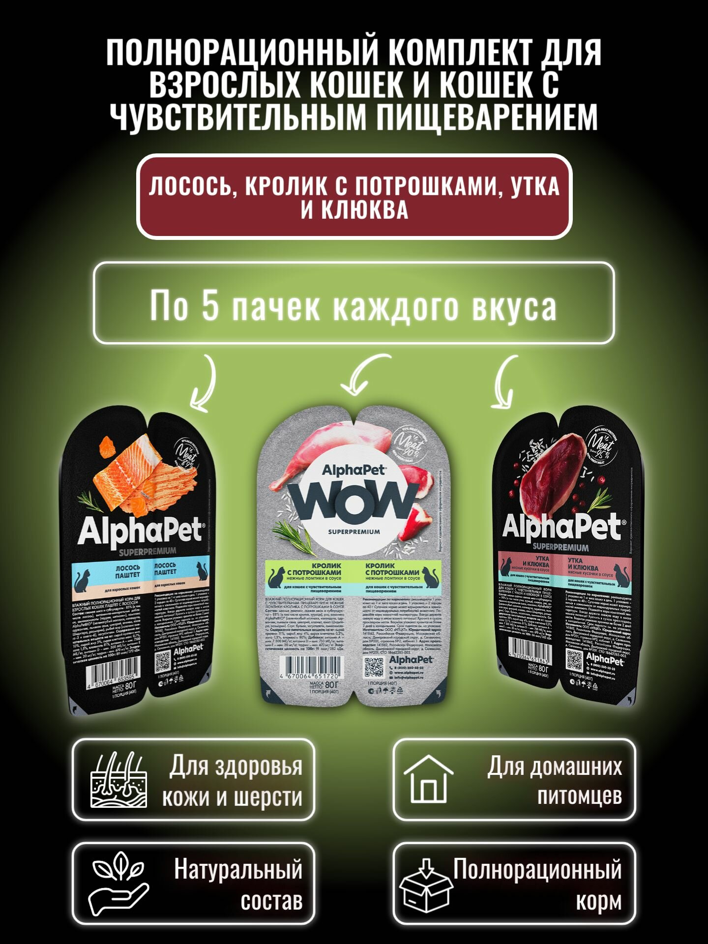 AlphaPet Superpremium / Комплект для взрослых кошек и котов и кошек с чувствительным пищеварением, 3 вкуса (Лосось, Утка, Кролик), 15 шт