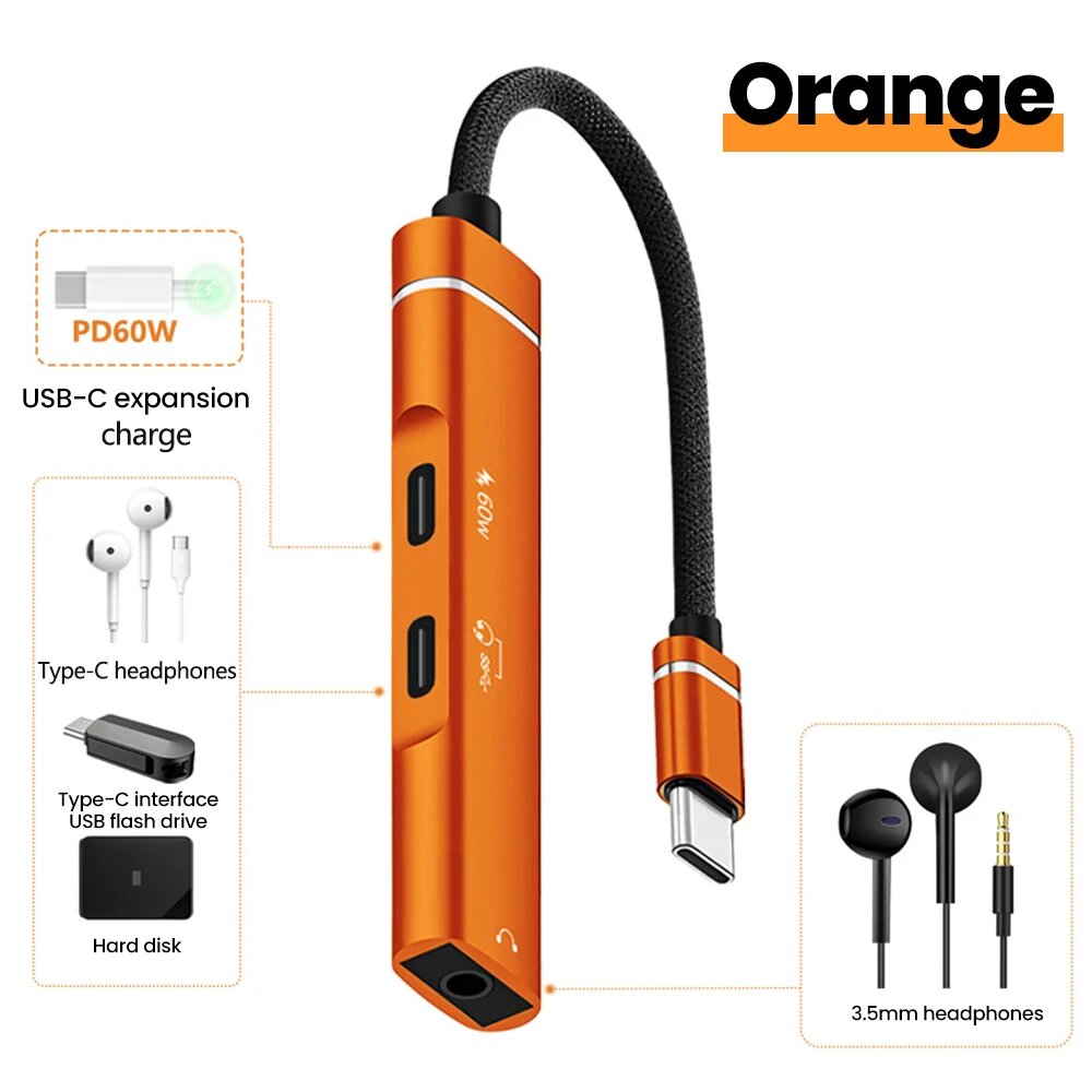 Оранжевый USB-C концентратор 3-в-1, 60 Вт