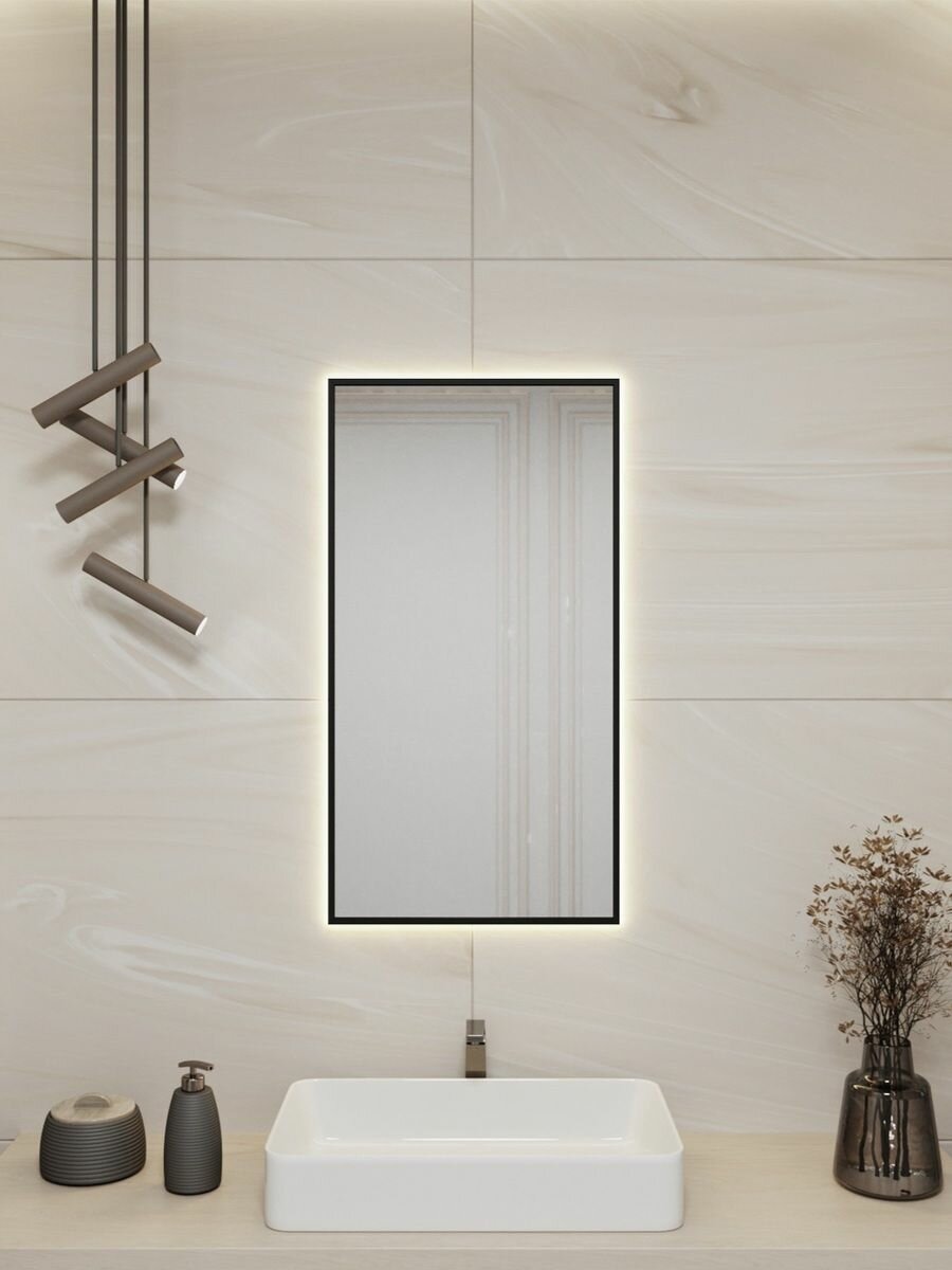 Зеркало в ванную 90х40 см. черное с подсветкой. Свет: Нейтральный белый 4500К. В алюминиевой раме настенное BLX MIRROR