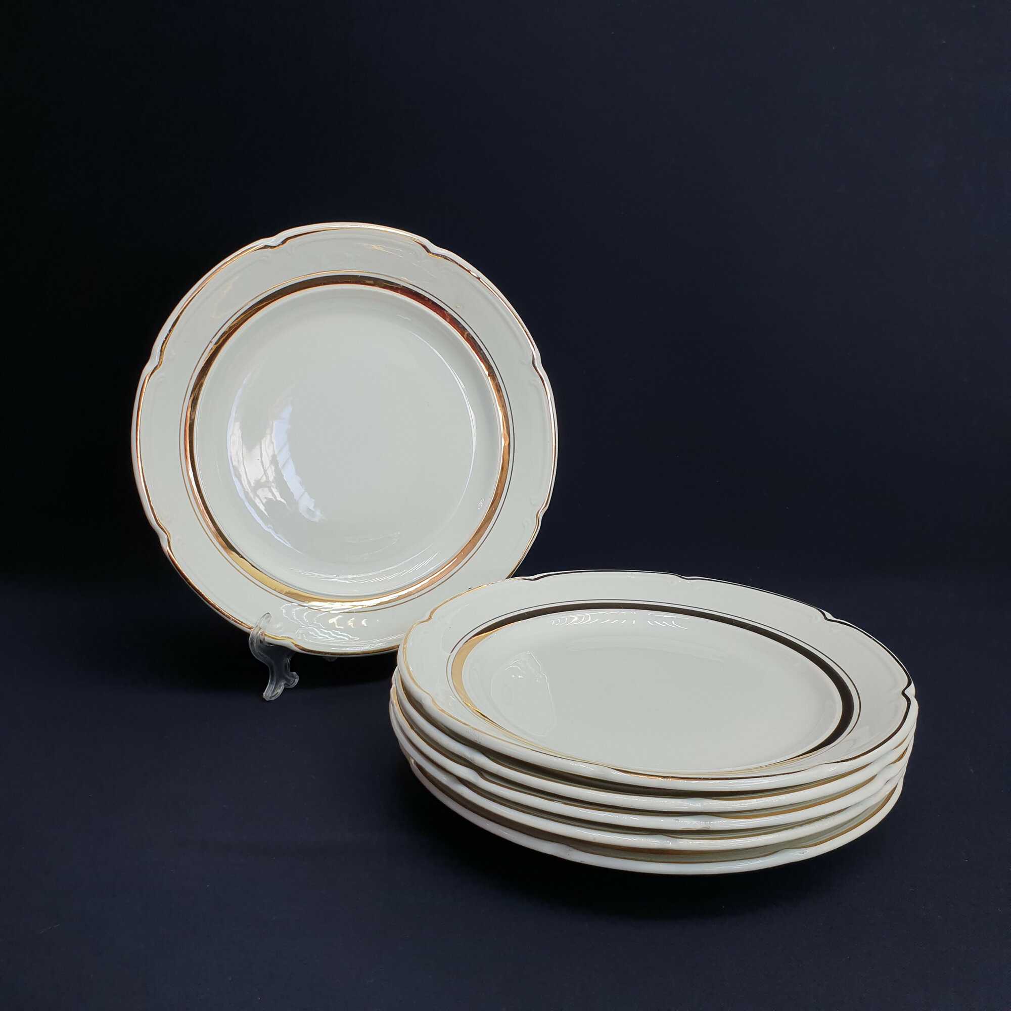 Набор из 6 столовых Конаково, фаянс позолота 235 мм, винтаж СССР