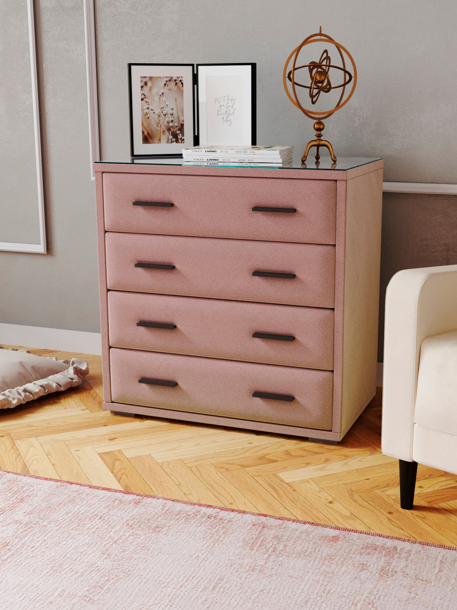 Интерьерный комод с мягкой обивкой из велюра от Тэкс пыльная роза 825х800х460 мм