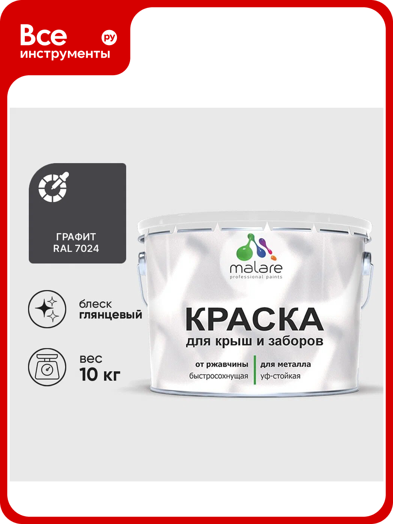 Краска по металлу MALARE для крыш и заборов, по ржавчине, быстросохнущая, износостойкая, глянцевый, графитово-серый(темный), 10 кг , 2014080942004