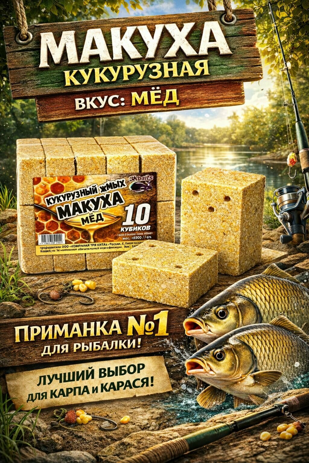 Кукурузный жмых-макуха с отверстиями для крючка "Мёд" 10 кубиков / 320г