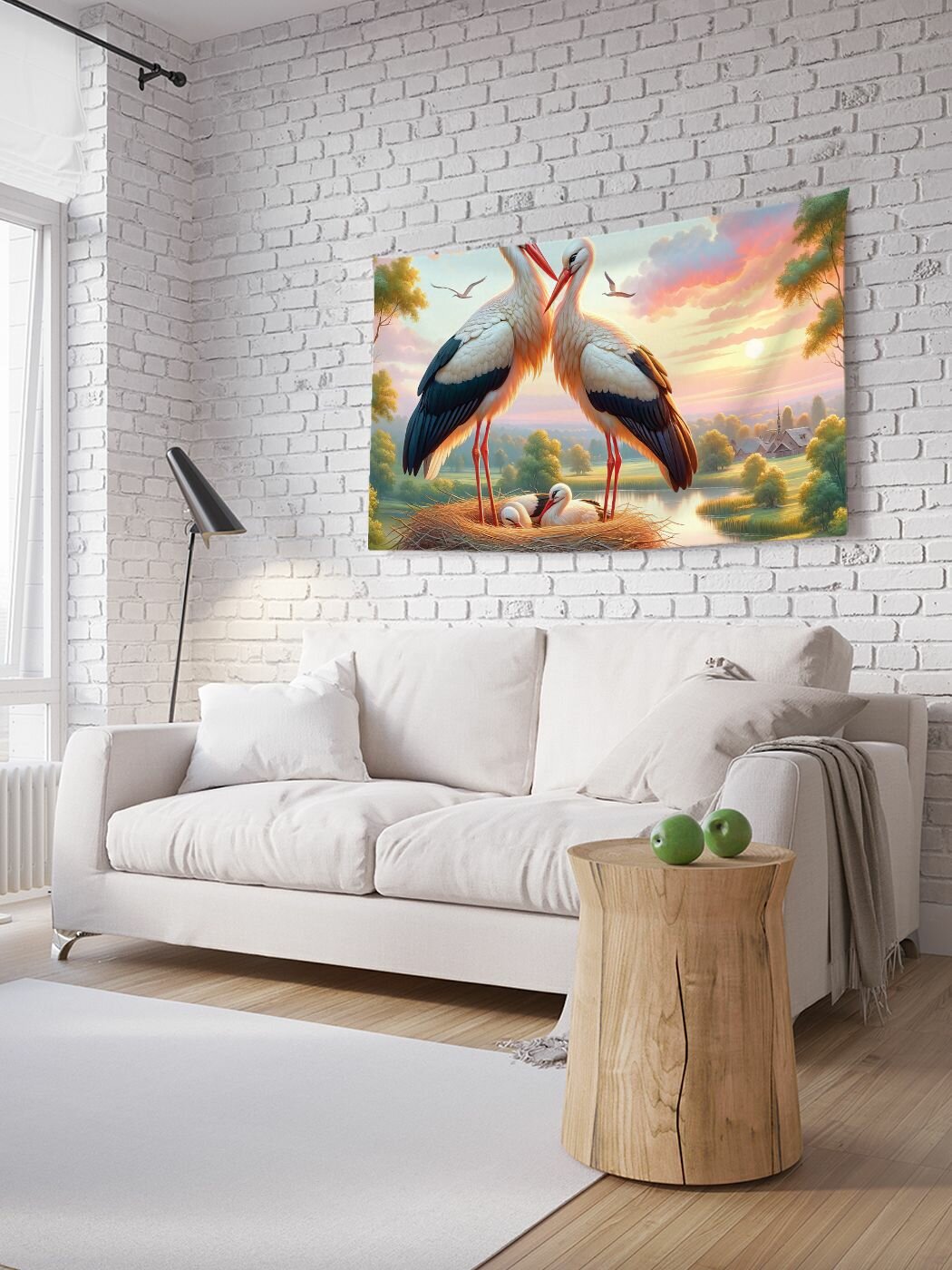 Фотопанно на стену тканевый горизонтальный "Семейство аистов", 150х200 см, JoyArty