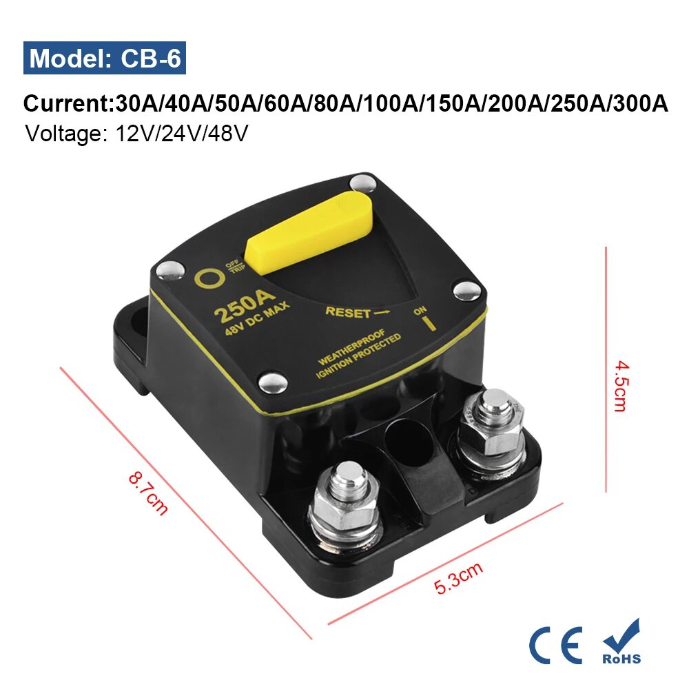 Автоматический выключатель предохранитель сброса 12v 24v 48v DC 20A-300A 250A, солнечный предохранитель для автомобиля, лодки, аудио, ручная защита питания, сбрасываемый предохранитель, страховка