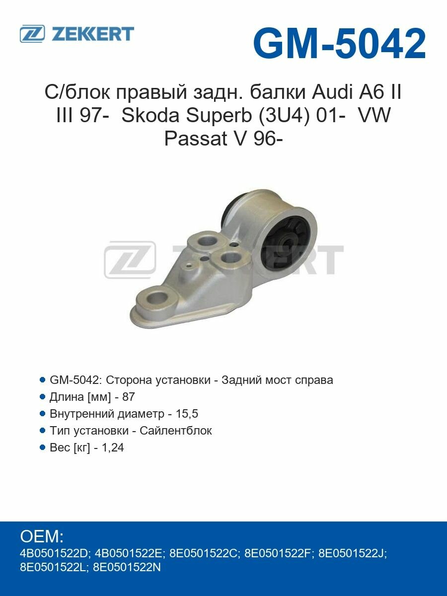 Zekkert Сайлентблок правый заднего балки для Audi A6 II III с 1997 года Skoda Superb (3U4) с 2001 года VW Passat V с 1996 года