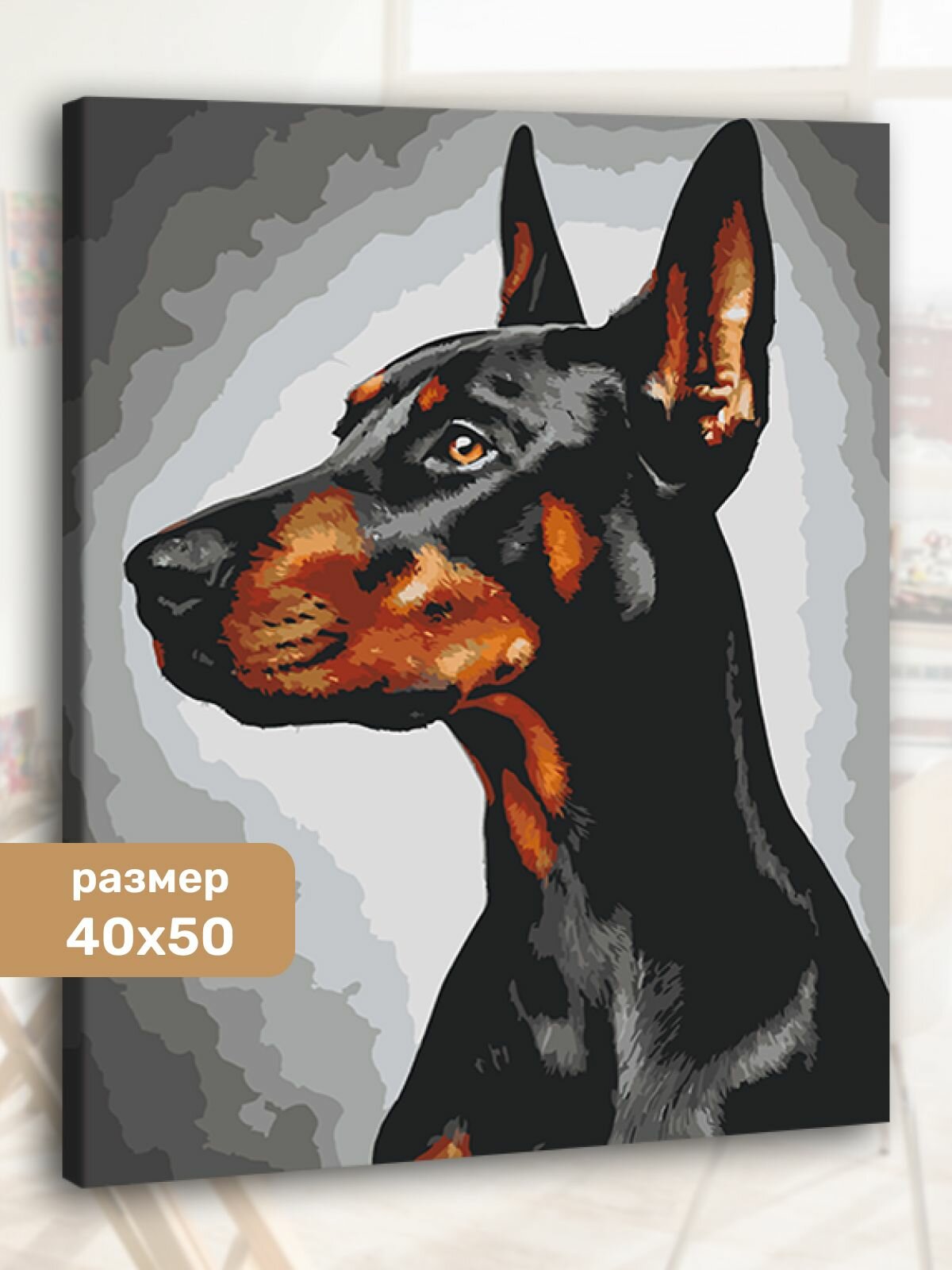 Картина по номерам на холсте и подрамнике Доберман 40х50