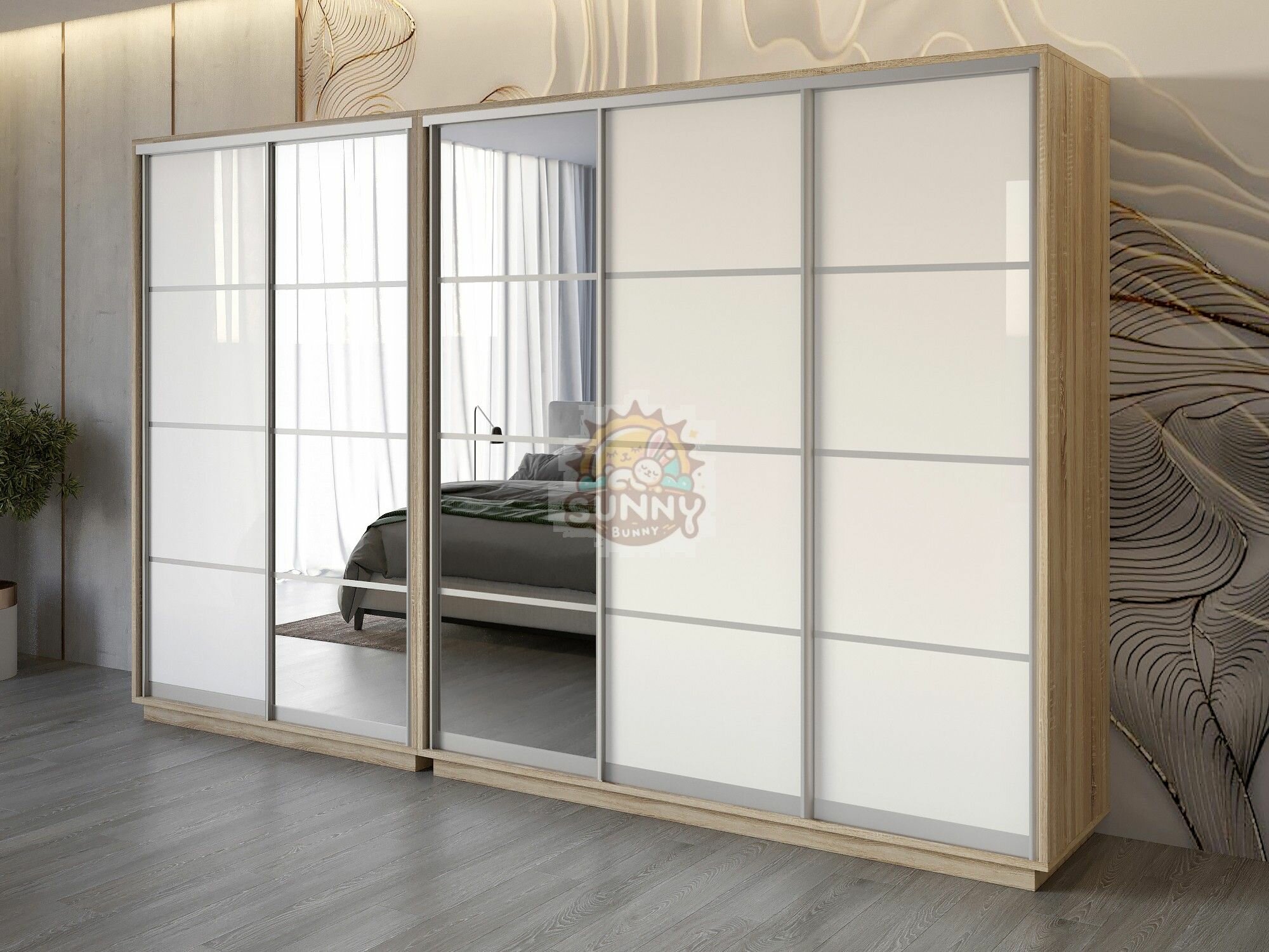 Шкаф-купе Флорида 5дв. (2+3) Стекло белое 3/Зеркало 2, профиль серебро, 300х60х220 см. Сонома