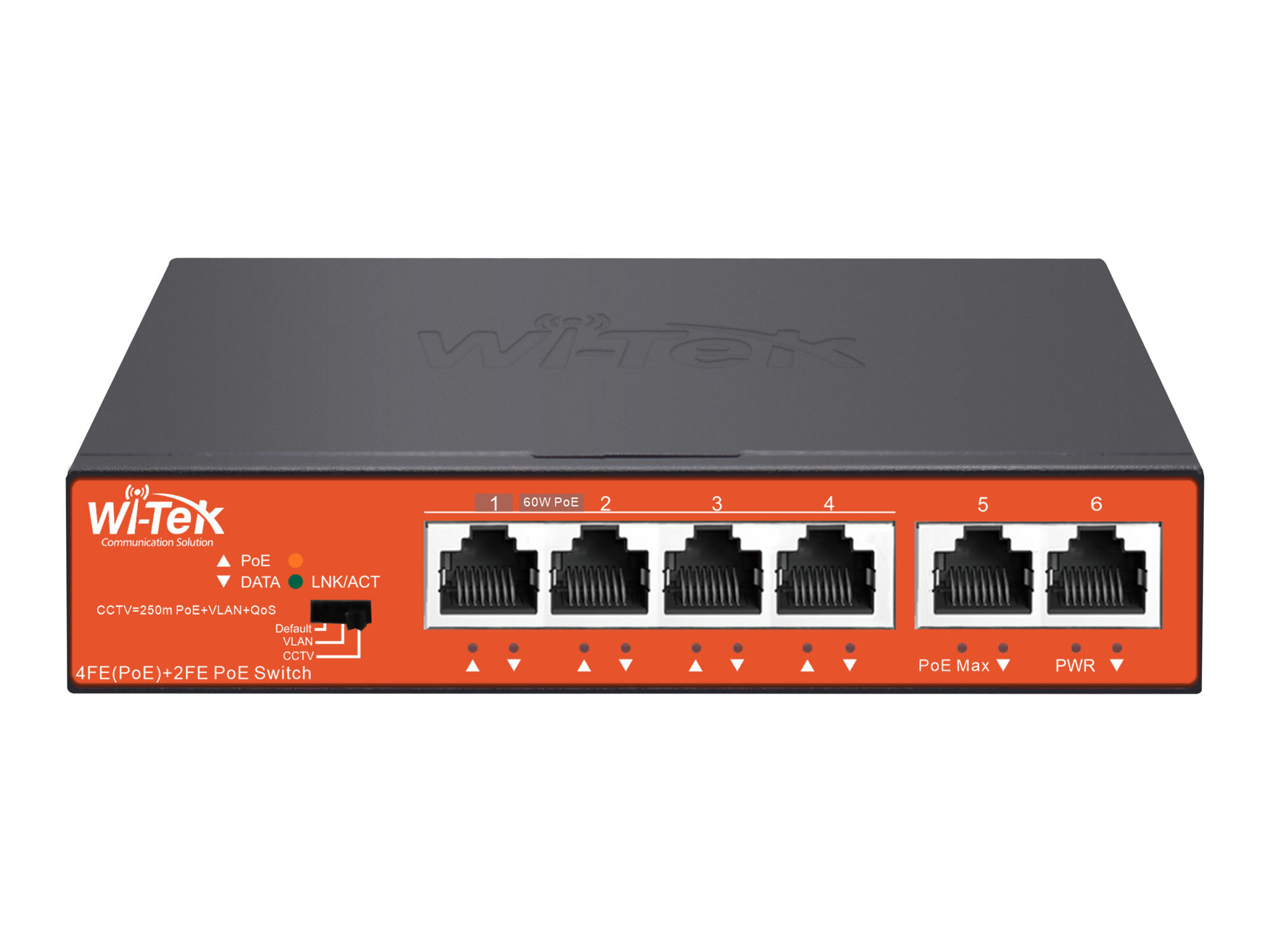 Сетевой коммутатор Wi-Tek WI-PS205 v4, неуправляемый PoE 65Вт, порты 4PoE FE+ 2FE, 250м и VLAN