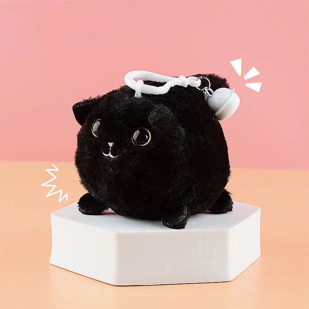 Мягкая игрушка черный кот с подвижным хвостом на шнурке, с карабином и колокольчиком