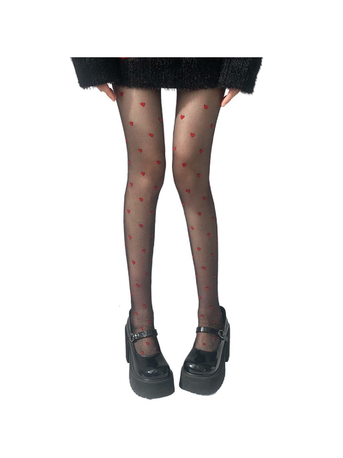 Прозрачные колготки с узором в виде сердечек, Черные чулки красные